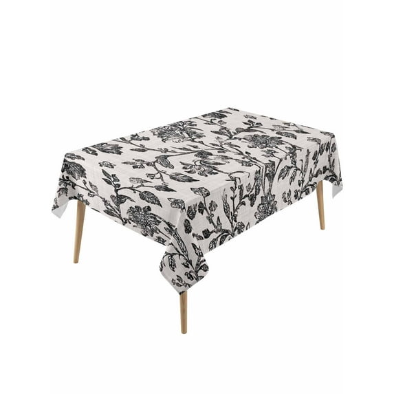 Farmhouse Black Table Cloth, Vintage Flower Leaf Botanical Plant ...