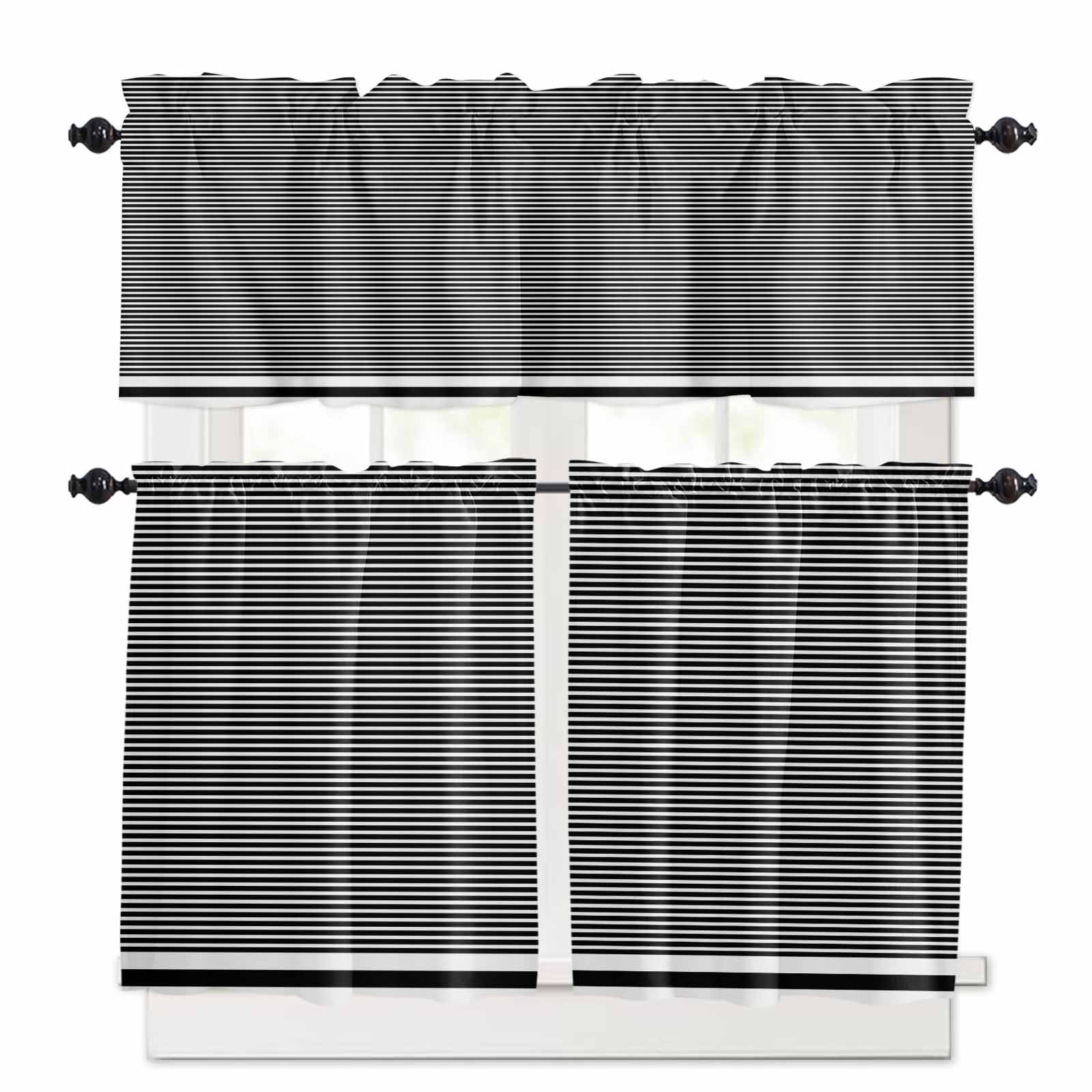Farmhouse Black White Striped Kitchen Curtains and Valances Set, 3 Piece Kitchen Curtains Set 24 ...