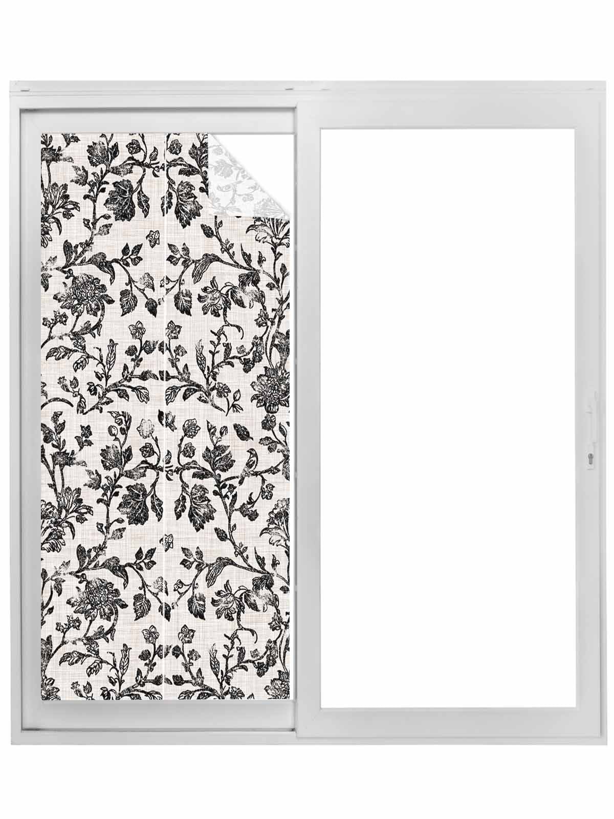 Farmhouse Black Window Privacy Film, Vintage Flower Leaf Botanical ...