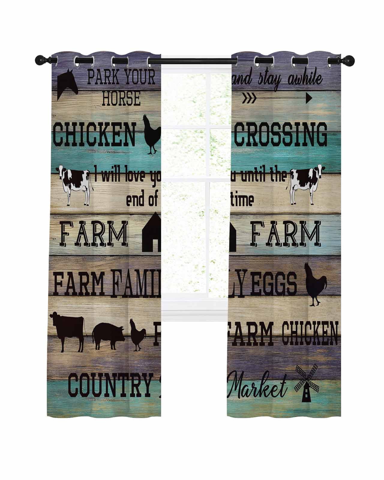 Farmhouse Blackout Curtains 63 Inch Length Barn Cow Pig Chicken Brown ...