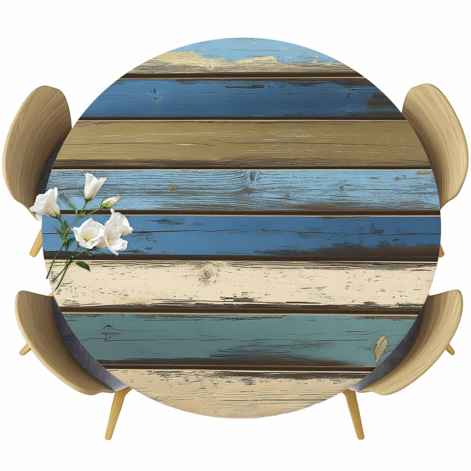 Farmhouse Blue Beige Round Tablecloth 36-44 Inch Round Fitted Table ...