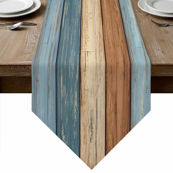 Farmhouse Blue Brown Table Runner Linen Burlap Table Runner 60 Inches ...
