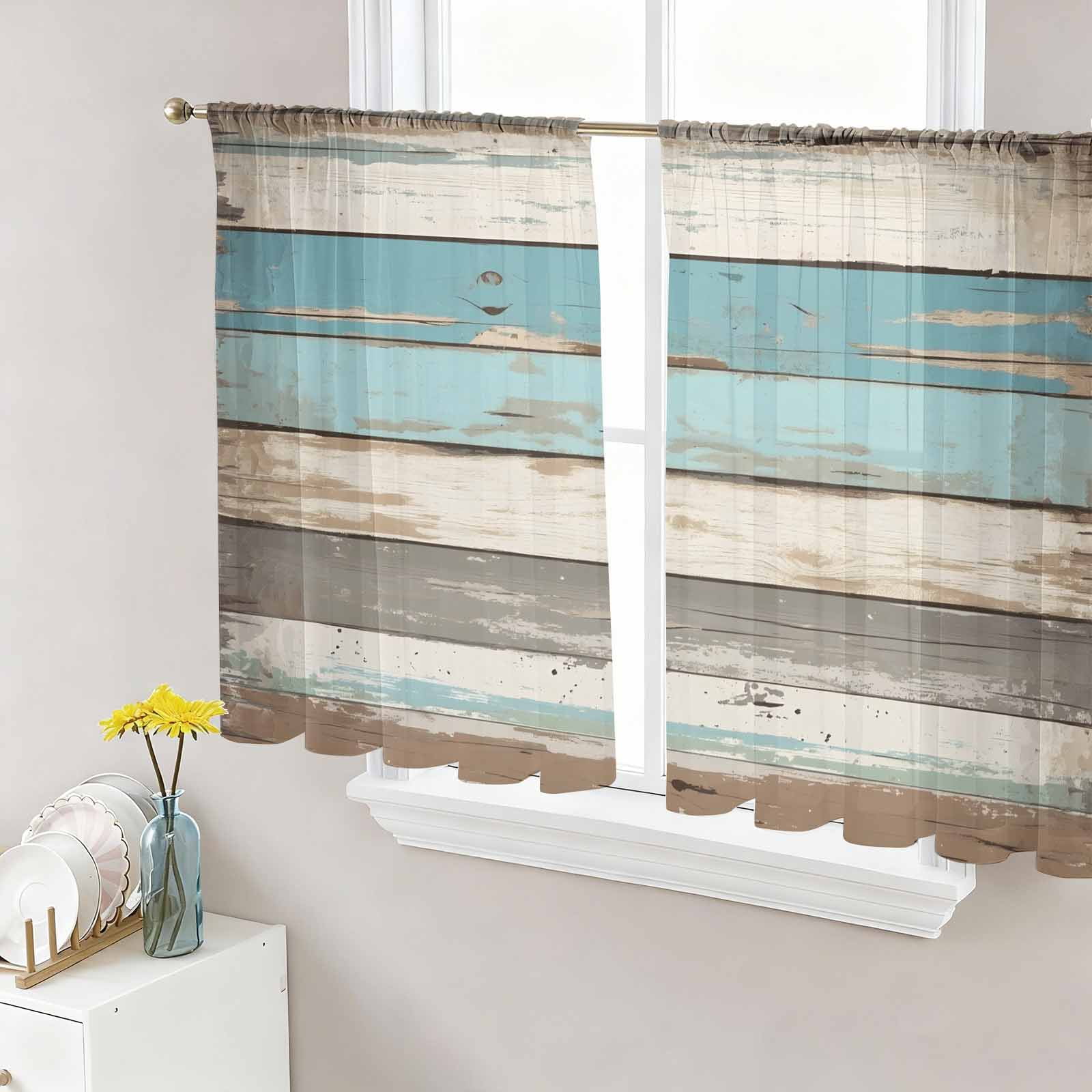 Farmhouse Blue Grey Brown Semi Sheer Curtains 54 Inch Length 2 Panels ...