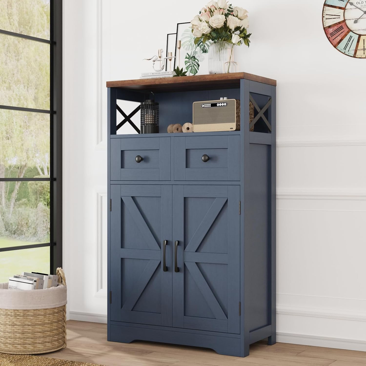 Farmhouse Blue Storage Cabinet with Barn Doors and Drawers ...