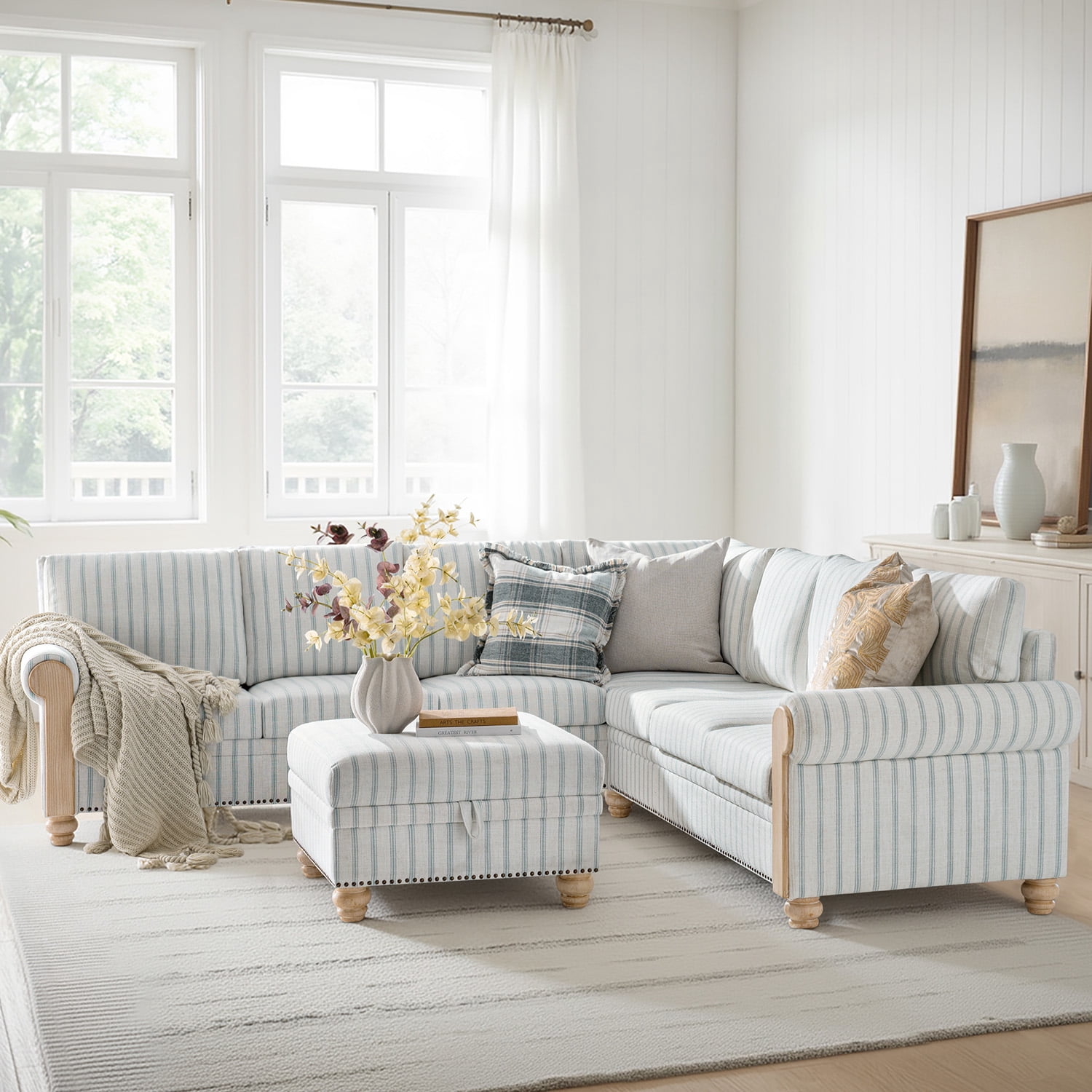 Farmhouse Blue Striped Sectional Sofa Set with 7 Seats & Ottoman ...