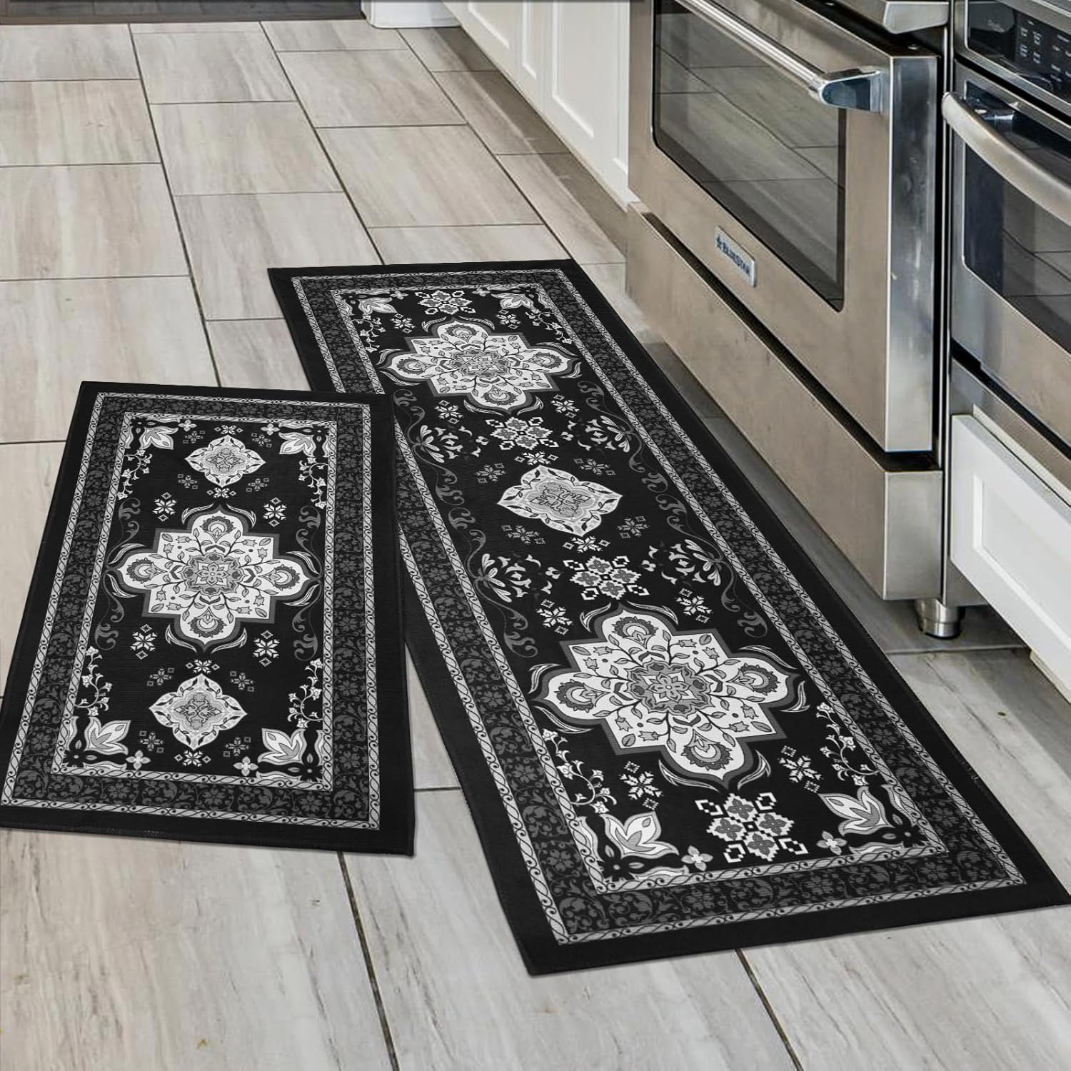 Farmhouse Boho Black Kitchen Mats for Floor Set of 2, Gothic Geometric ...