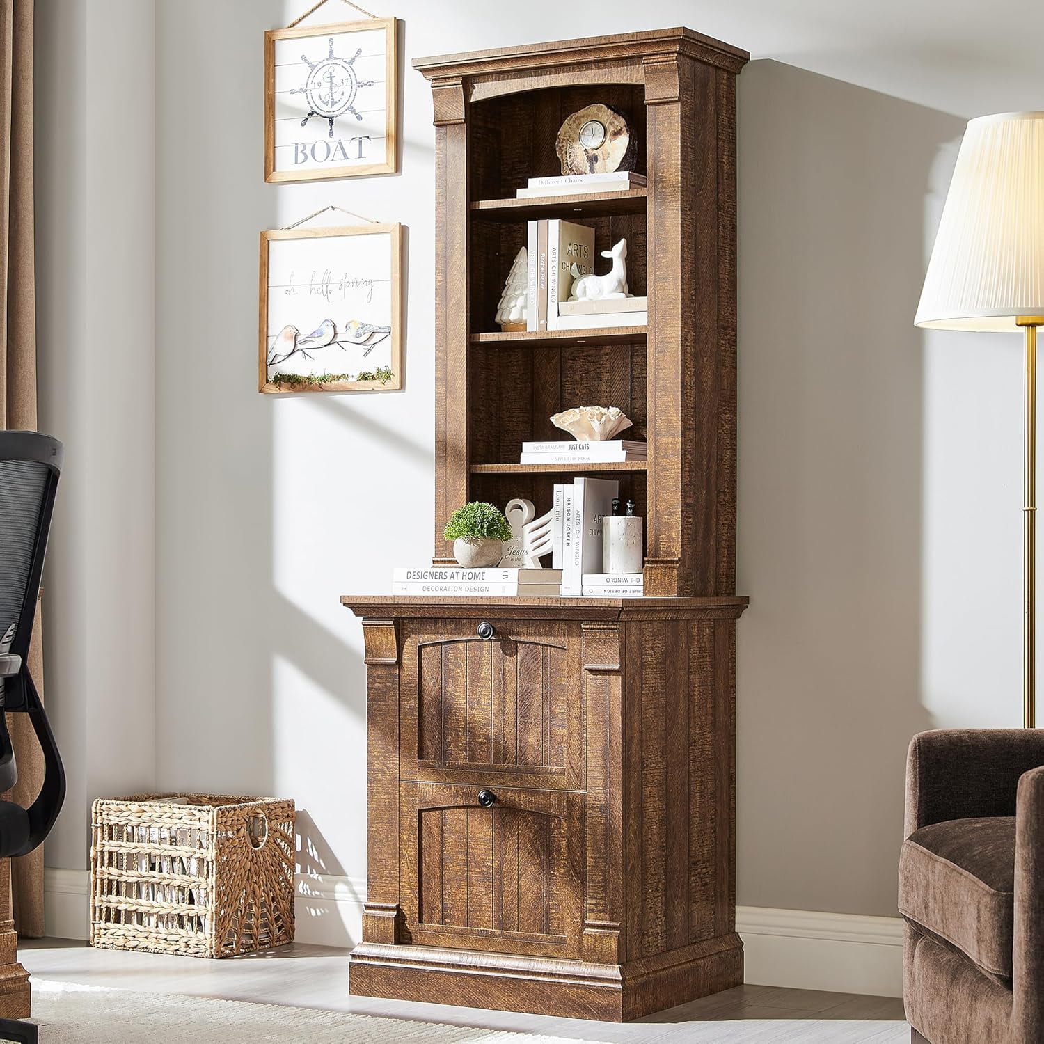 Farmhouse Bookcase with 2 File Drawers 72" Tall Bookcase with 4-Tier ...
