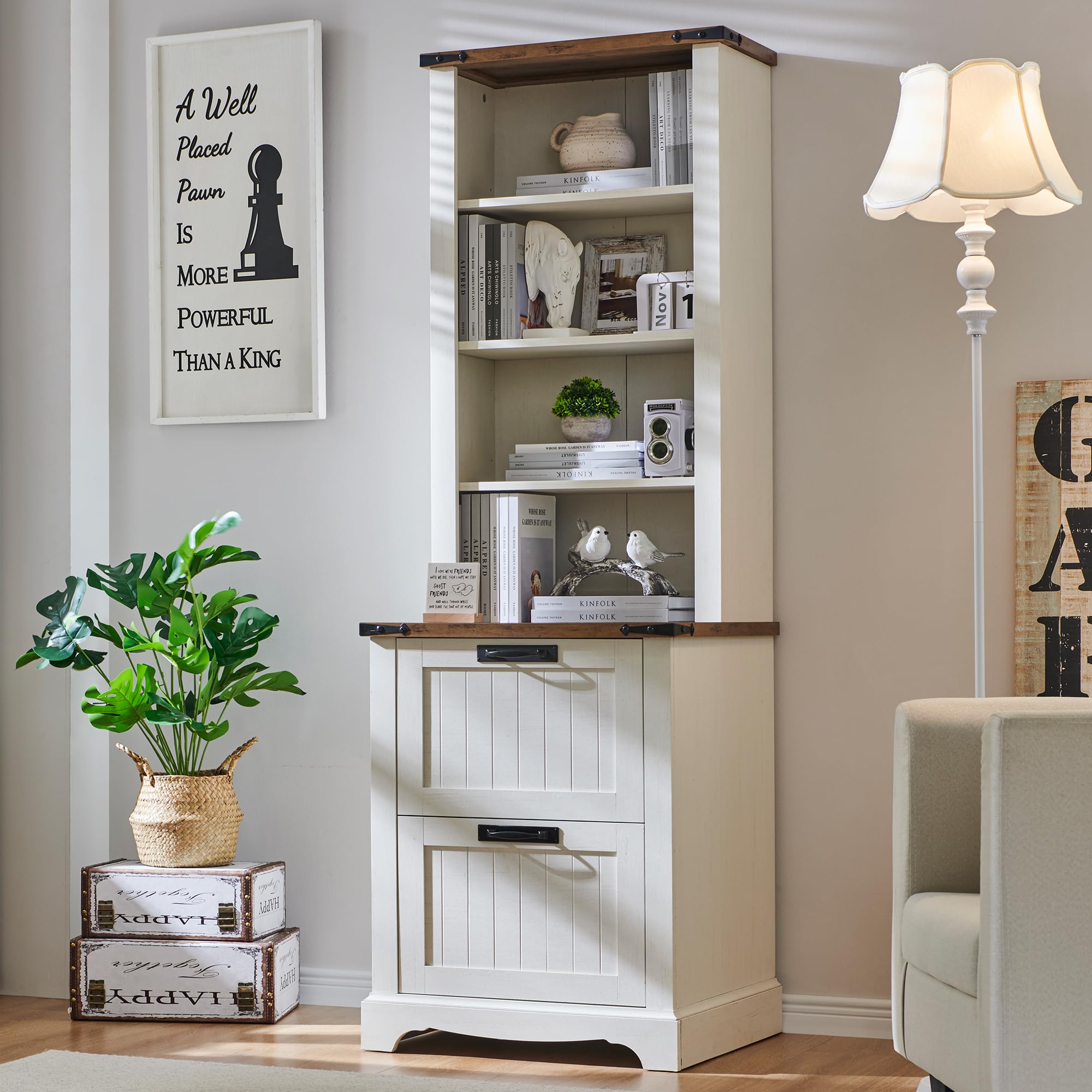 Farmhouse Style Bookcase with 2 File Drawers, 72 Inch Tall Rustic ...