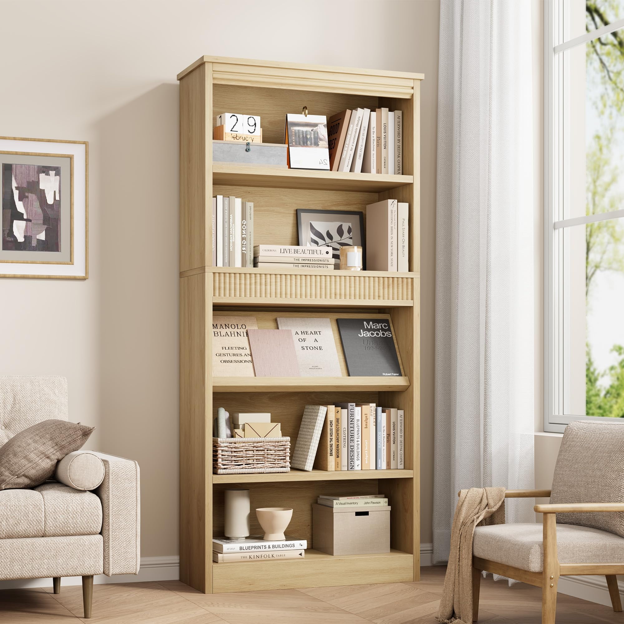 Farmhouse Bookcase 30.7" x 11.9" x 71.5" Wood Bookshelf with Display ...