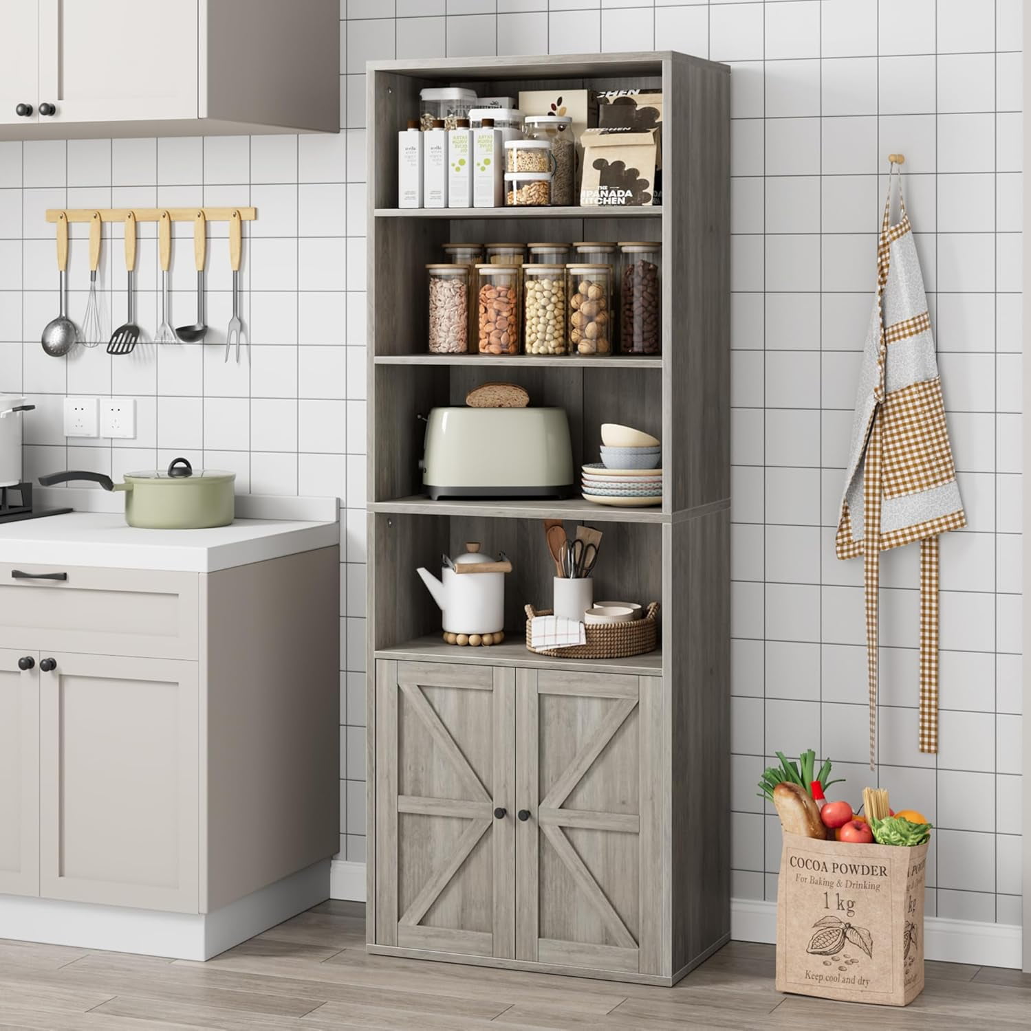 Farmhouse Bookcase with Doors 71.4in Tall Bookshelf 11.8in Depth ...