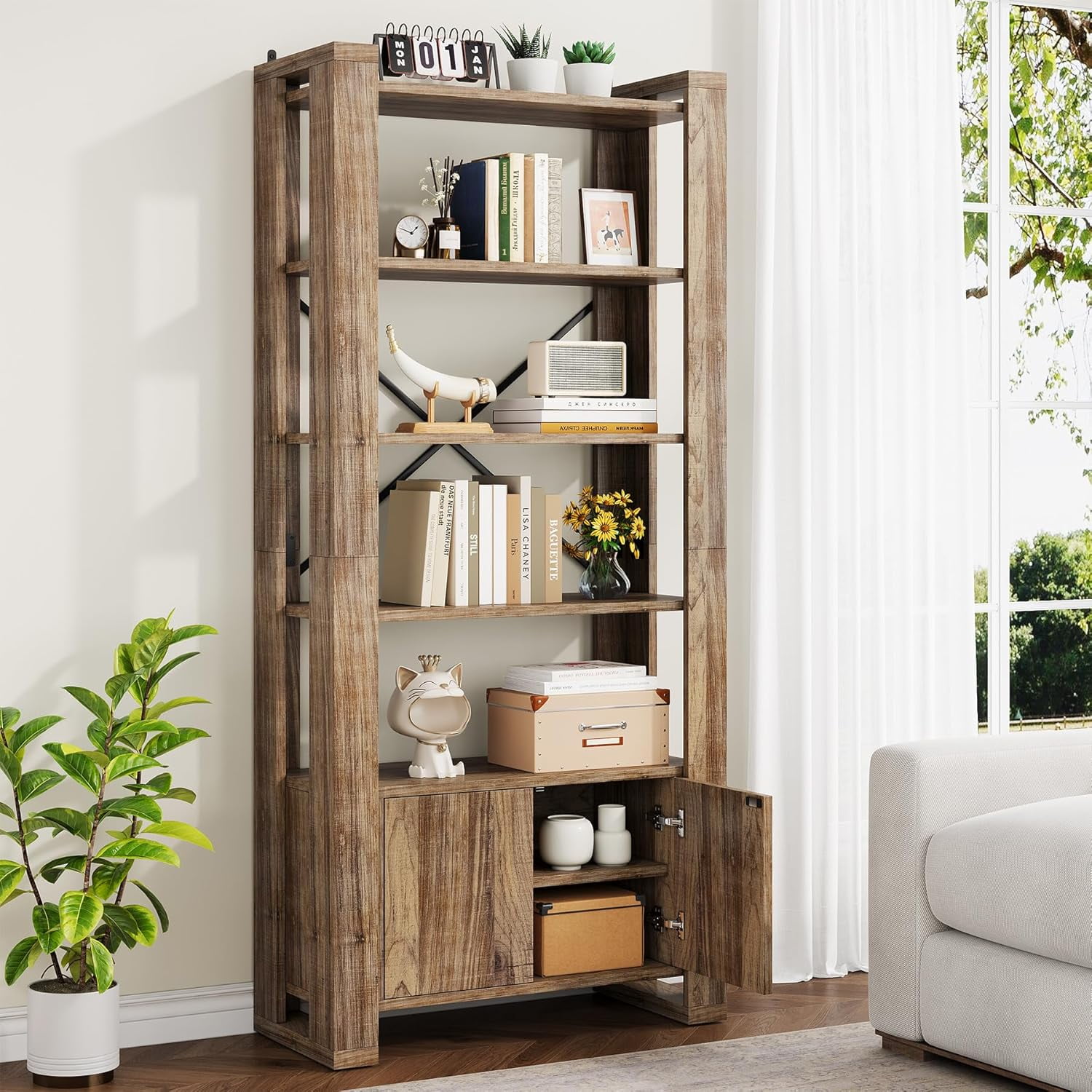 Farmhouse Bookcase with Spring Doors, 70.9 inch Tall Wood Bookshelf ...