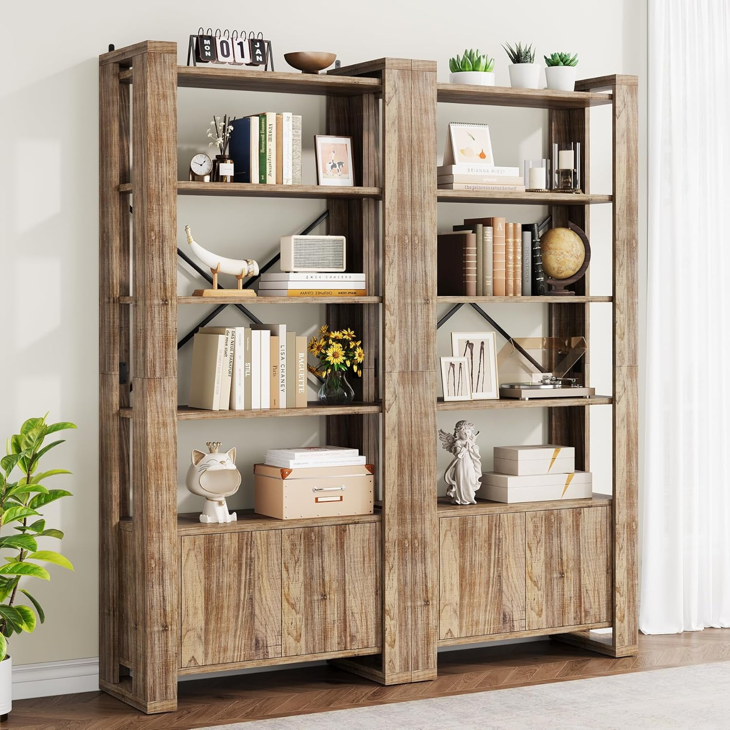 Farmhouse Bookcase with Spring Doors Set of 2, 70.9 inch Tall Wood ...