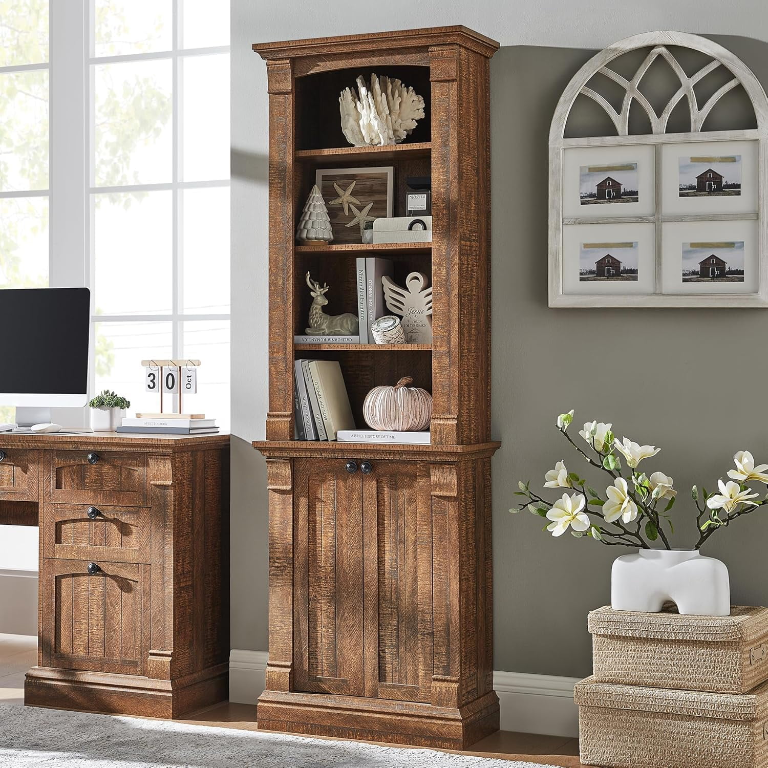 Farmhouse Bookcase with Storage Cabinet 72" Tall Bookshelf with ...