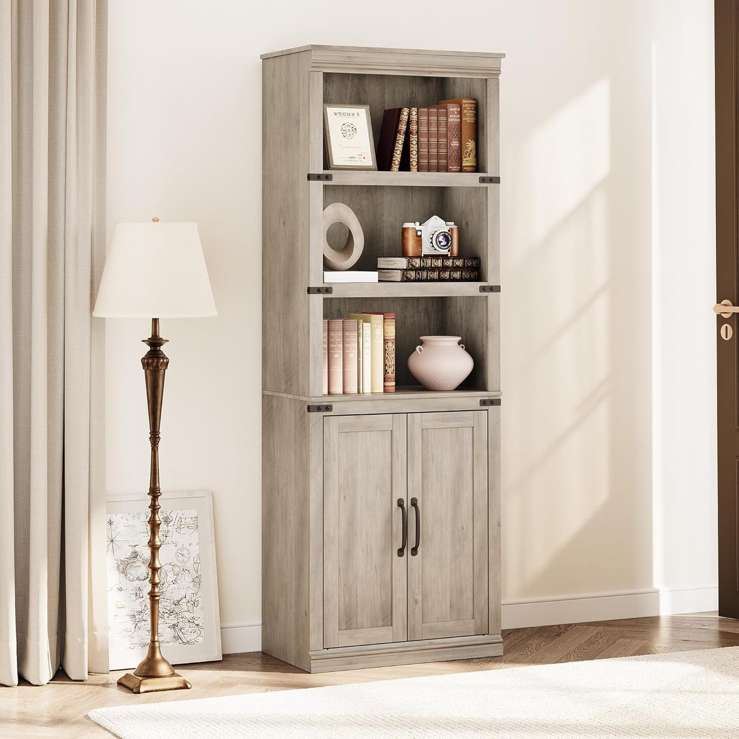 Farmhouse Bookcases with Doors, 5 Tier Bookshelf with Storage, 70 inch ...