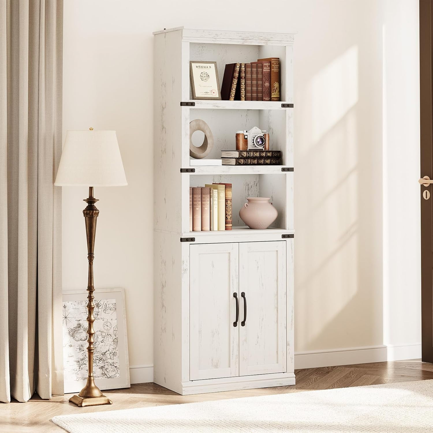 Farmhouse Bookcases with Doors, 5 Tier Bookshelf with Storage, 70 inch ...