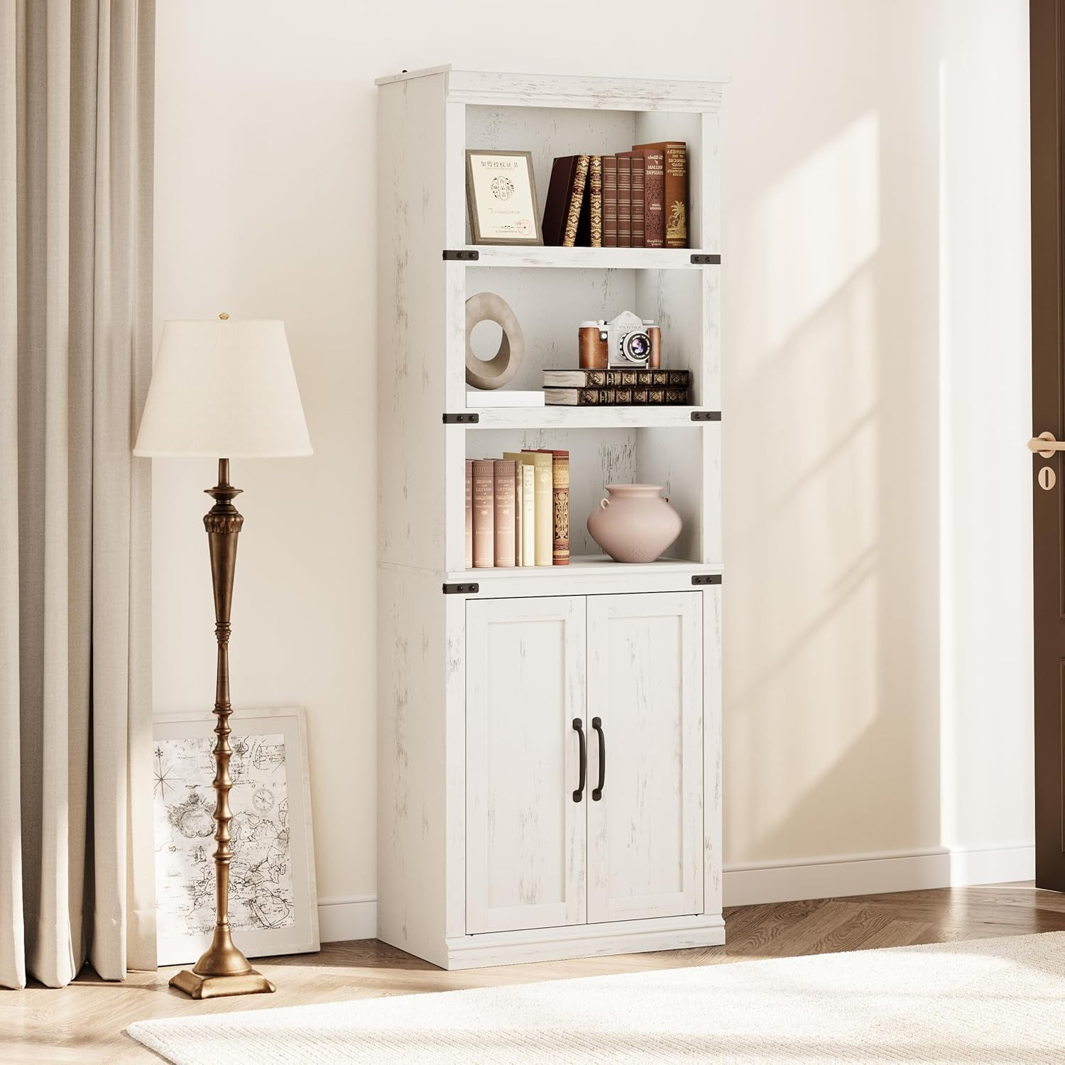 Farmhouse Bookcases with Doors, 5 Tier Bookshelf with Storage, 70 inch ...