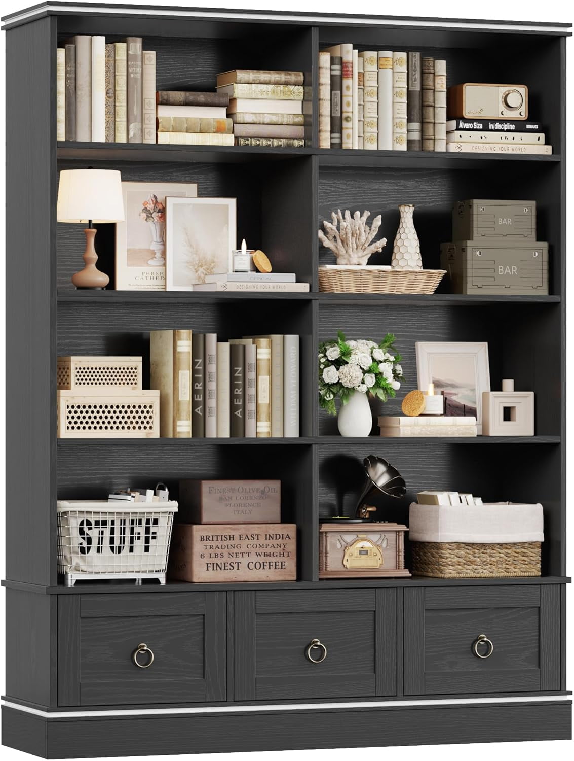 Farmhouse Bookshelf and Bookcase, 47" Wide Bookcase with Drawers, 5 ...