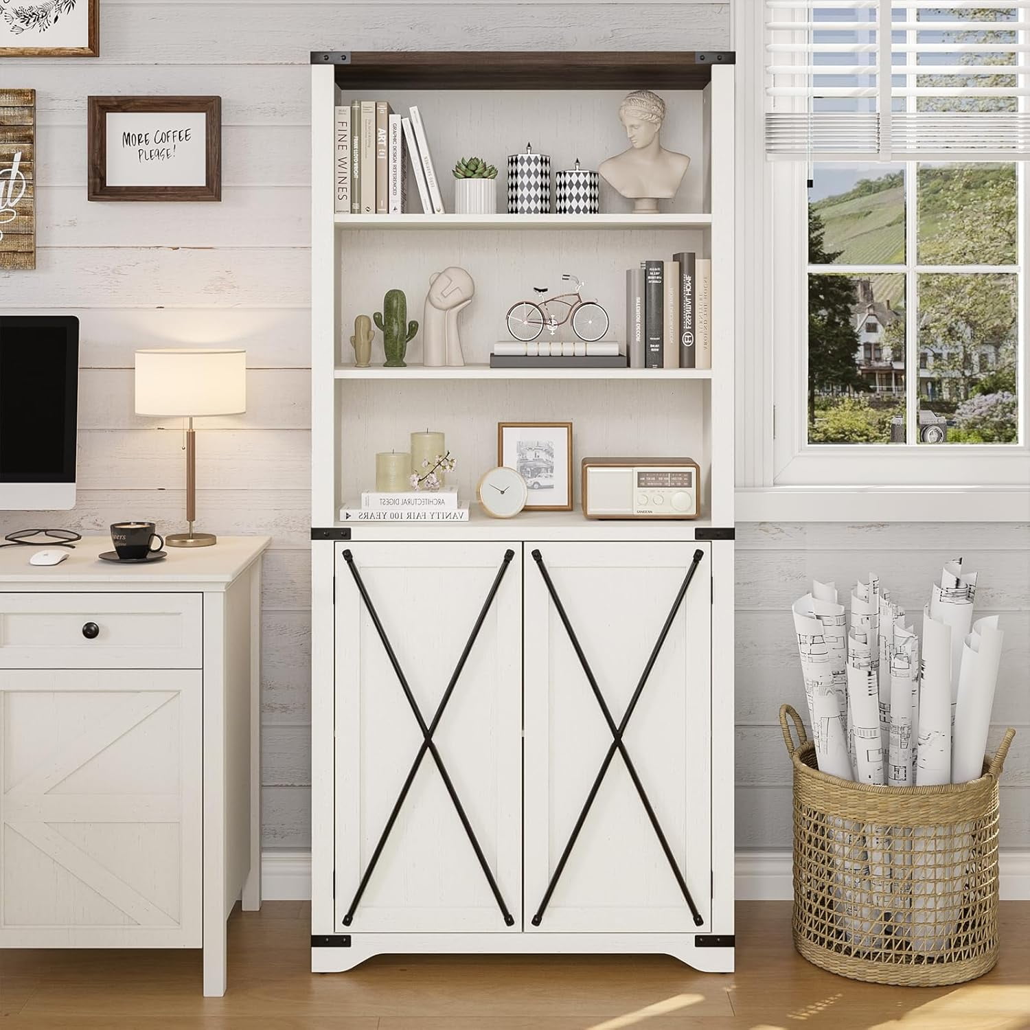 Farmhouse Bookshelf with Doors, Antique White Bookcase with Storage ...