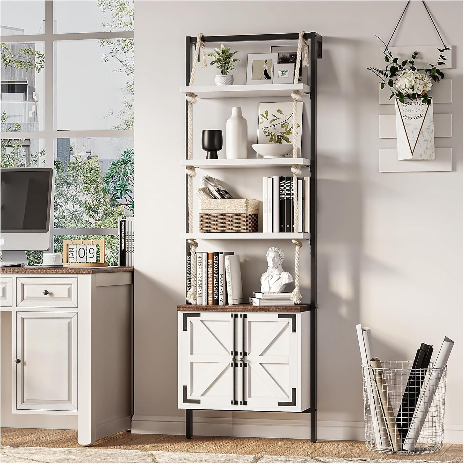 Farmhouse Bookshelf with Storage,71" Tall Industrial Bookcase with ...