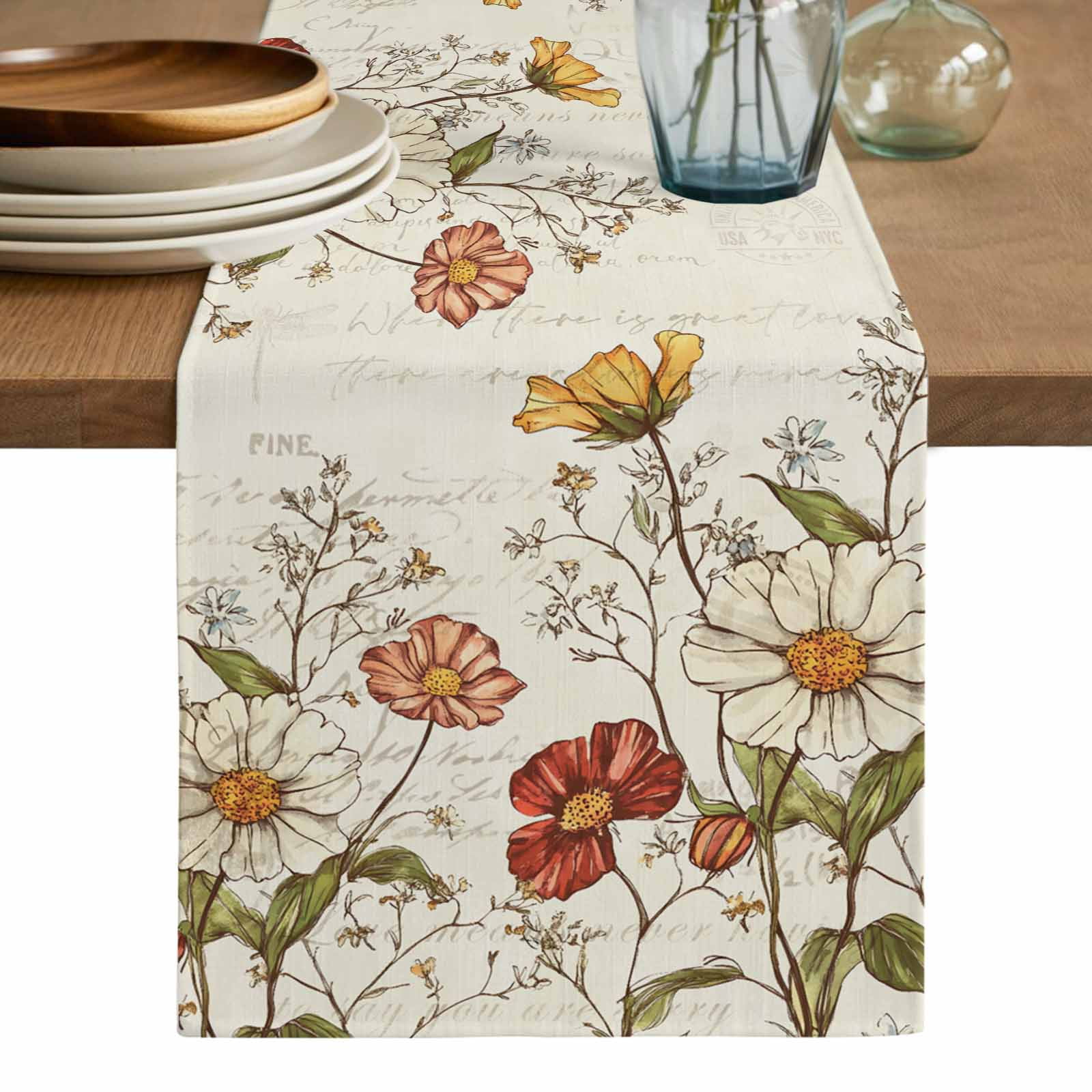 Farmhouse Botanical Table Runner, Pastoral Summer Spring Floral ...