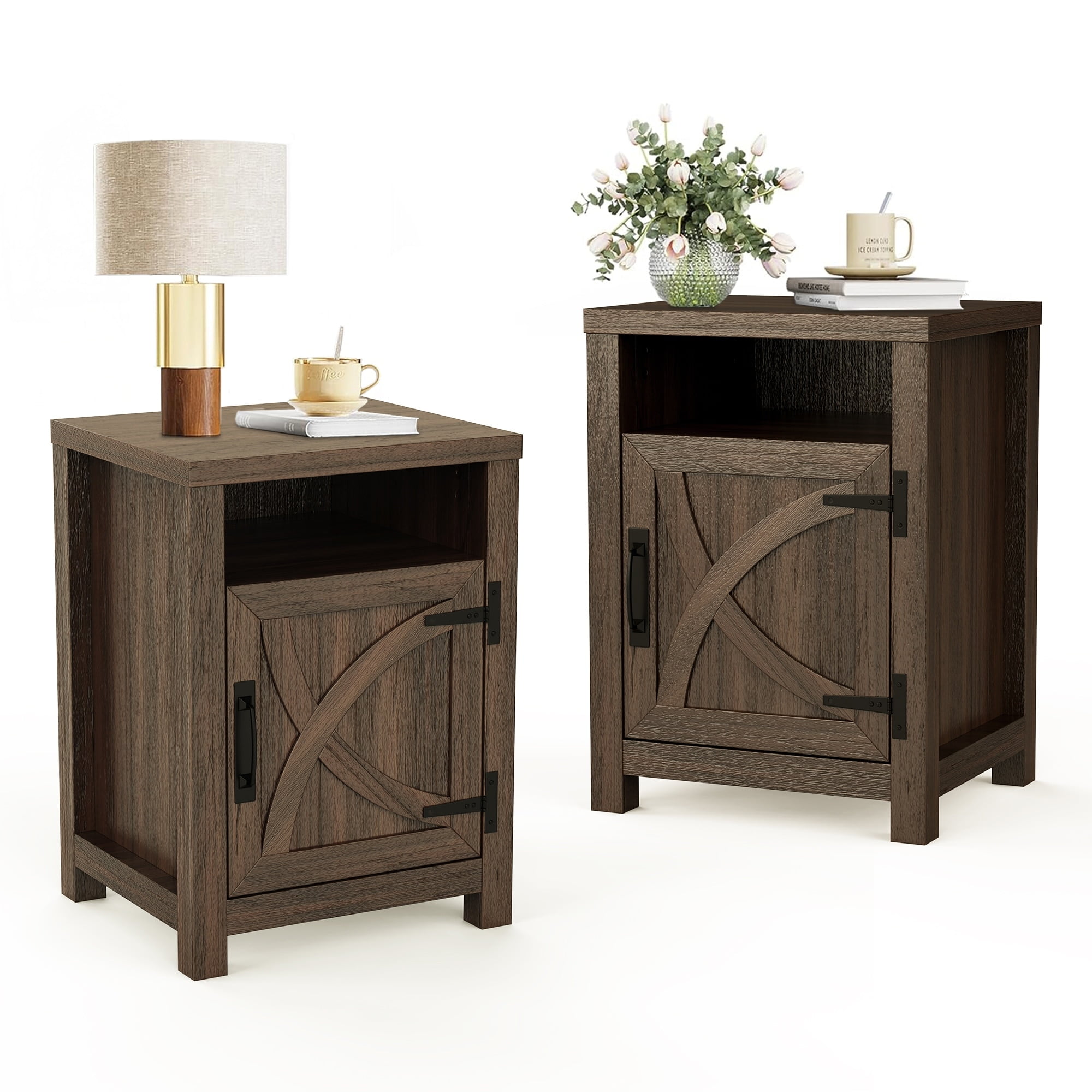 Parrot Uncle Farmhouse Brown Barn Door Nightstand Bedside Table Set of ...