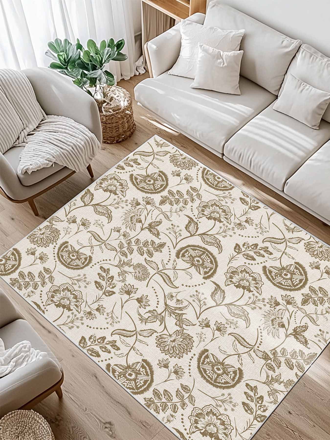 Farmhouse Brown Floral Area Rug for Bedroom 3x5 Ft Linen Boho Flower ...