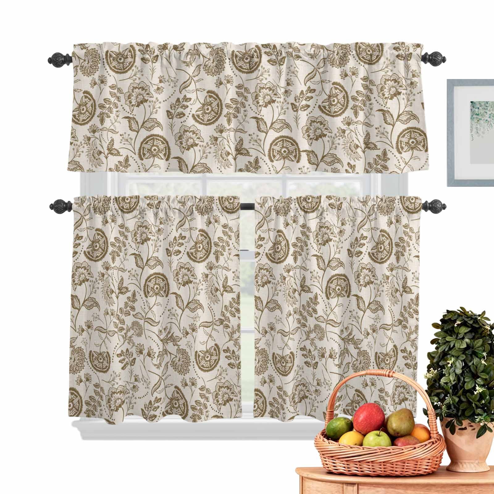 Farmhouse Brown Floral Kitchen Curtains Valances 3 Piece Set, Linen ...
