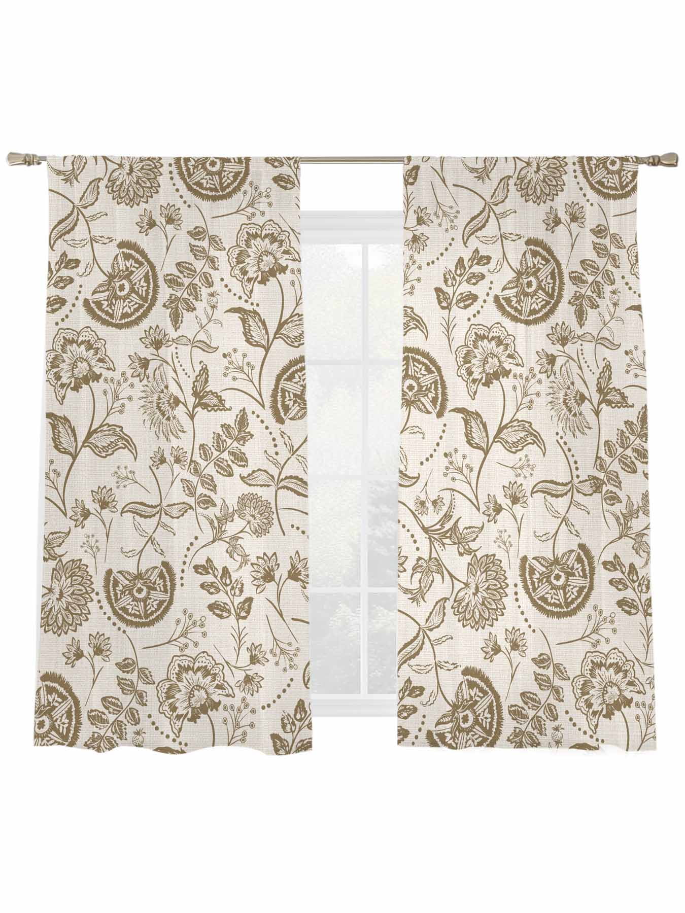 Farmhouse Brown Floral Sheer Curtains 2 Panels Set Linen Boho Flower ...