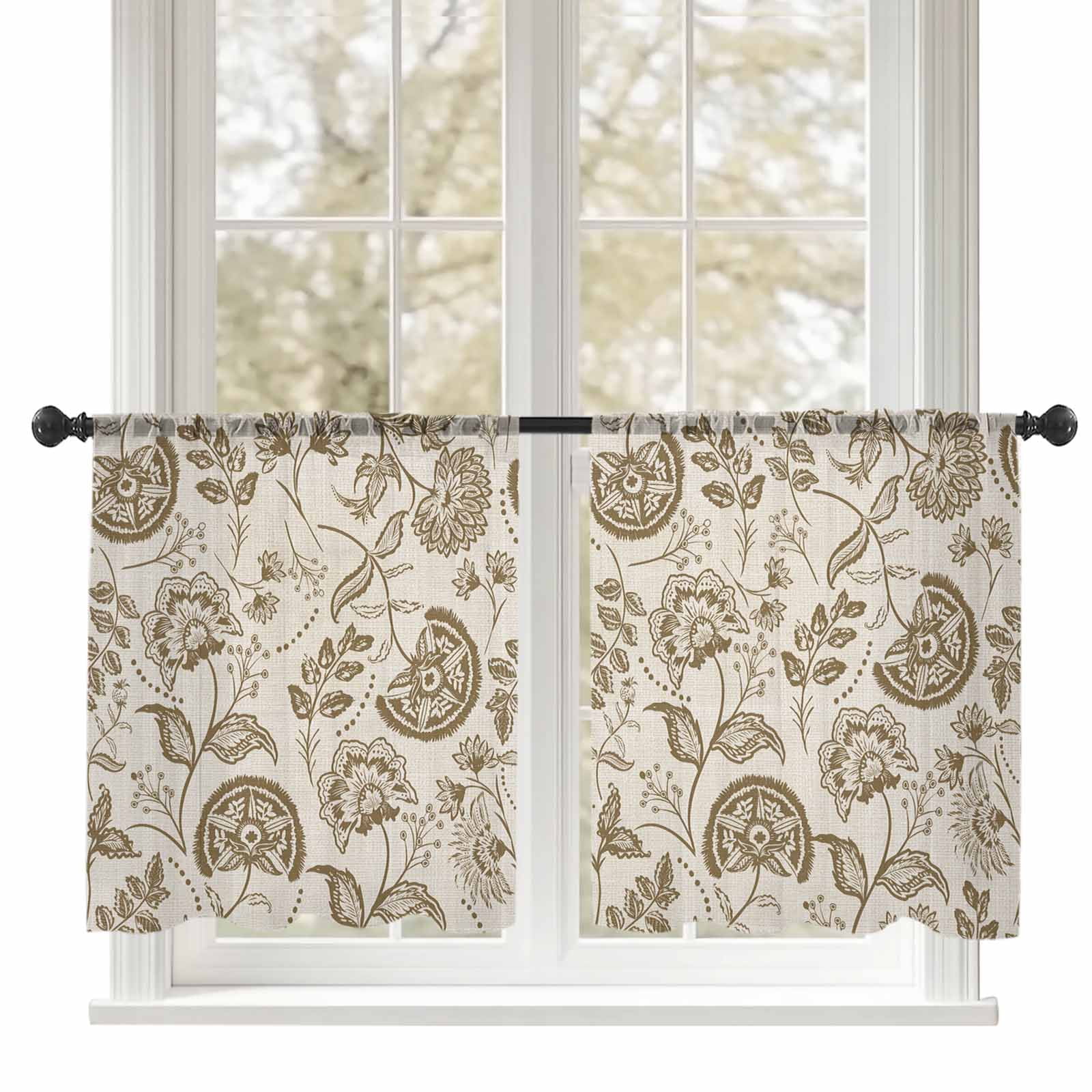 Farmhouse Brown Floral Sheer Curtains 45 inches Long 2 Panels Set Linen ...