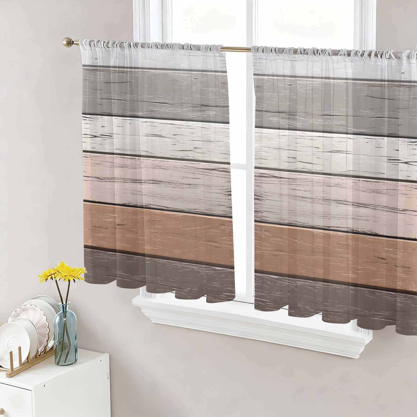 Farmhouse Brown Grey Semi Sheer Curtains 54 Inch Length 2 Panels Set ...