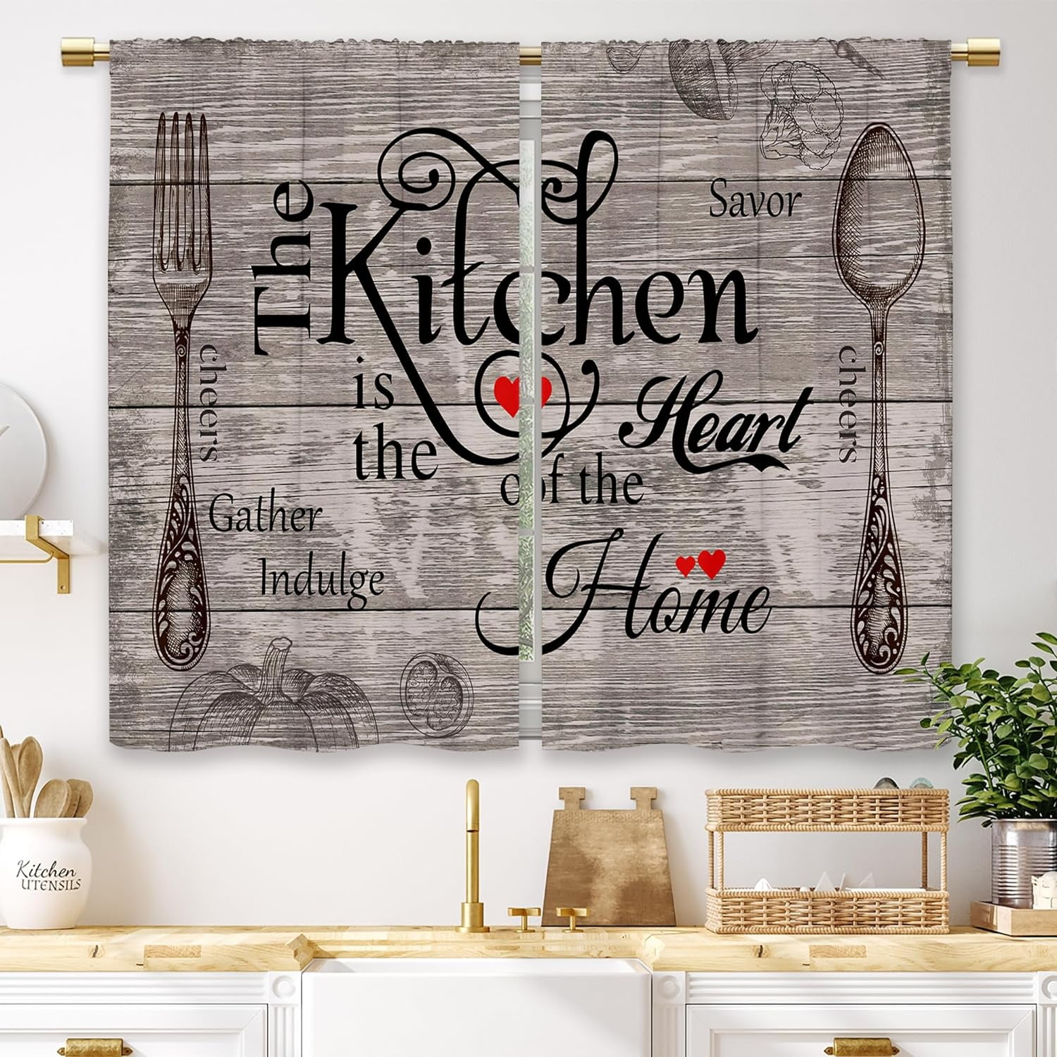 Farmhouse Brown Rustic Kitchen Curtains Vintage Fork Spoon Retro Small ...