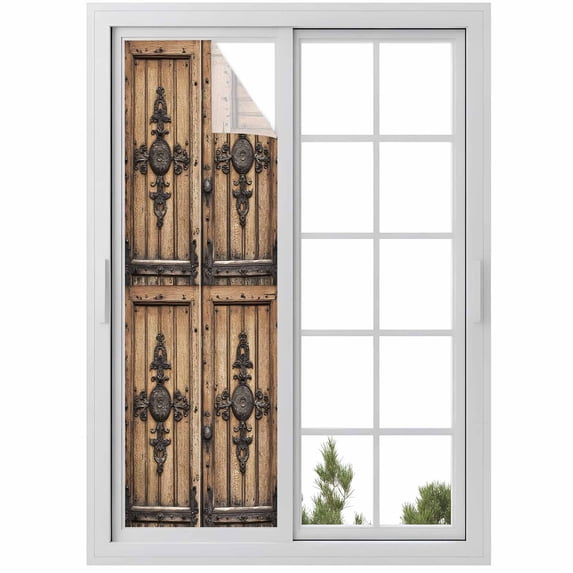 Farmhouse Brown Window Privacy Film, Rustic Wooden Historical Barn Door ...