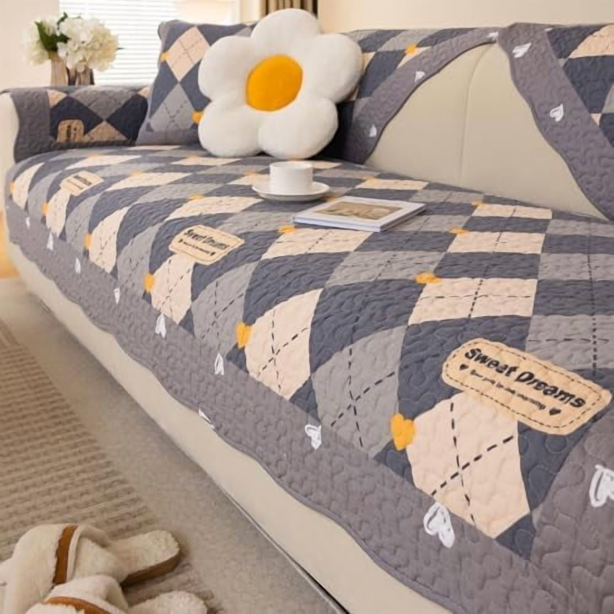 Farmhouse Buffalo Check Plaid Cotton Sofa Couch Cover Patchwork Quilted ...
