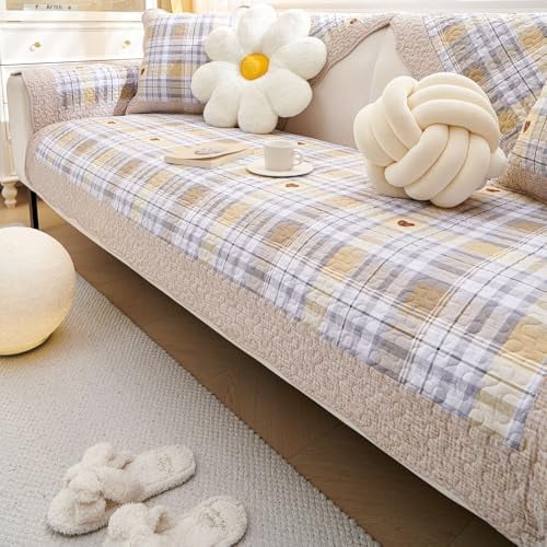 Farmhouse Buffalo Check Plaid Cotton Sofa Couch Cover Patchwork Quilted ...