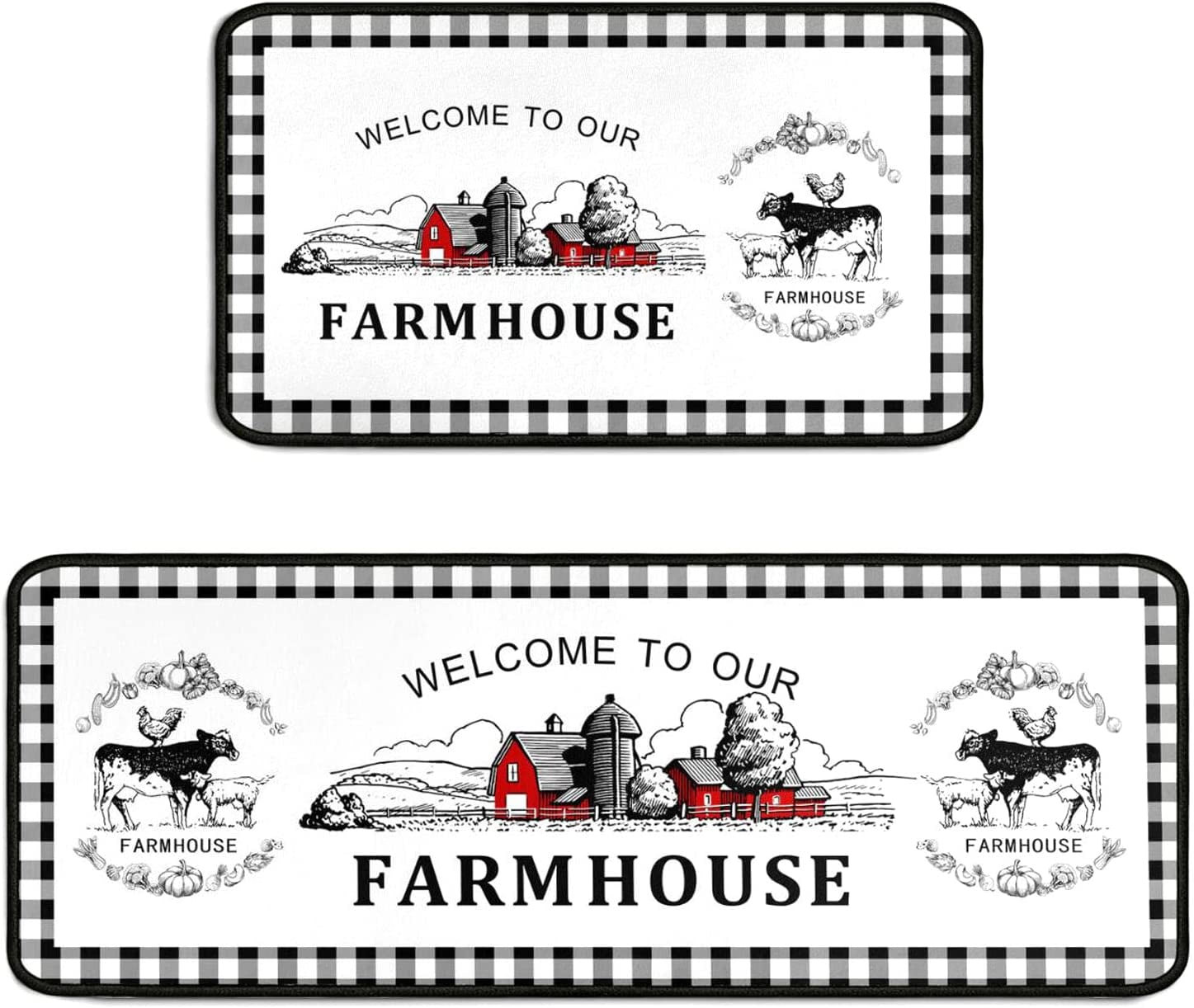 Farmhouse Buffalo Plaid Rooster Kitchen Rugs Decor 2 Pieces Set Black ...