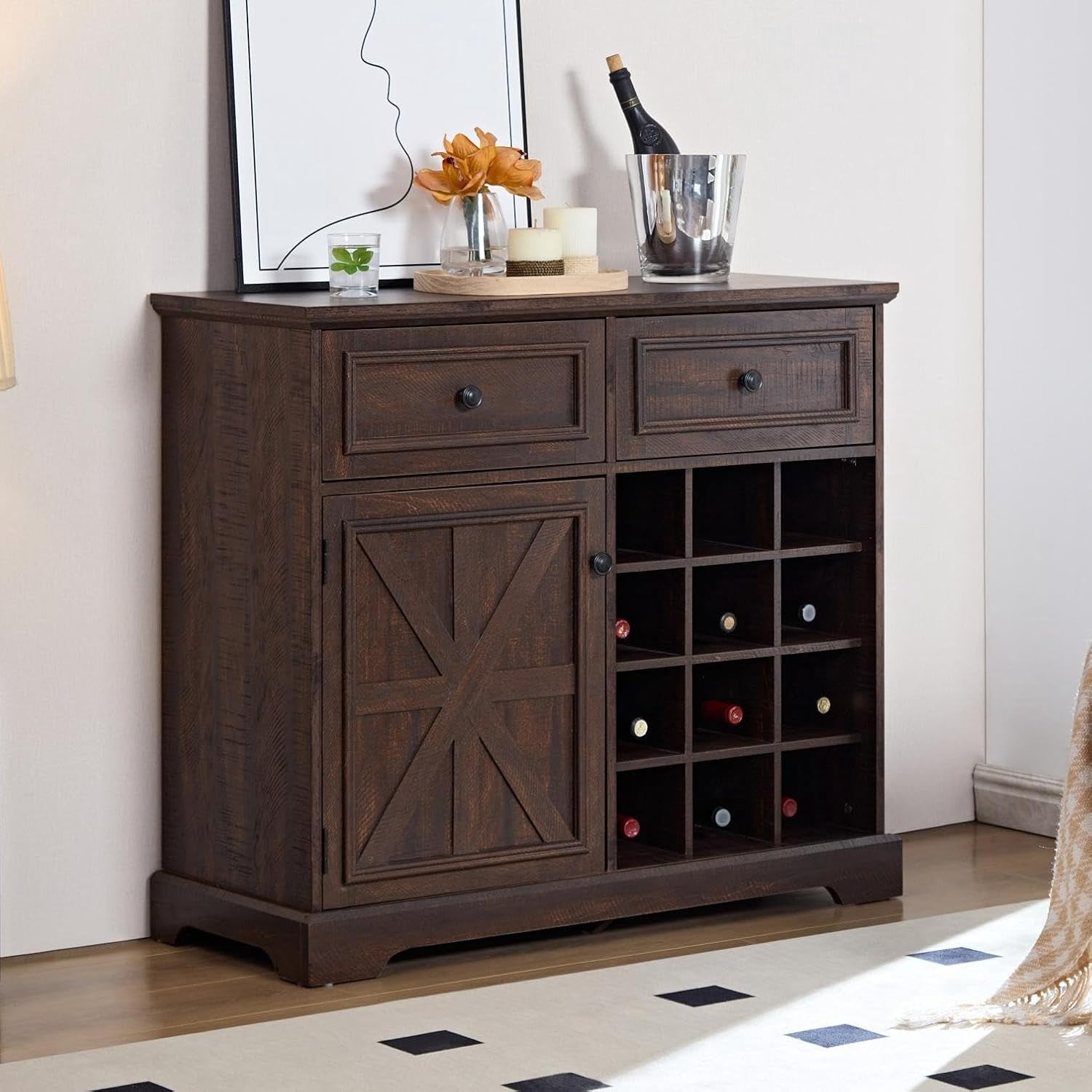 Farmhouse Buffet Cabinet with 2 Drawers, 35" H Wine Bar Cabinet with ...