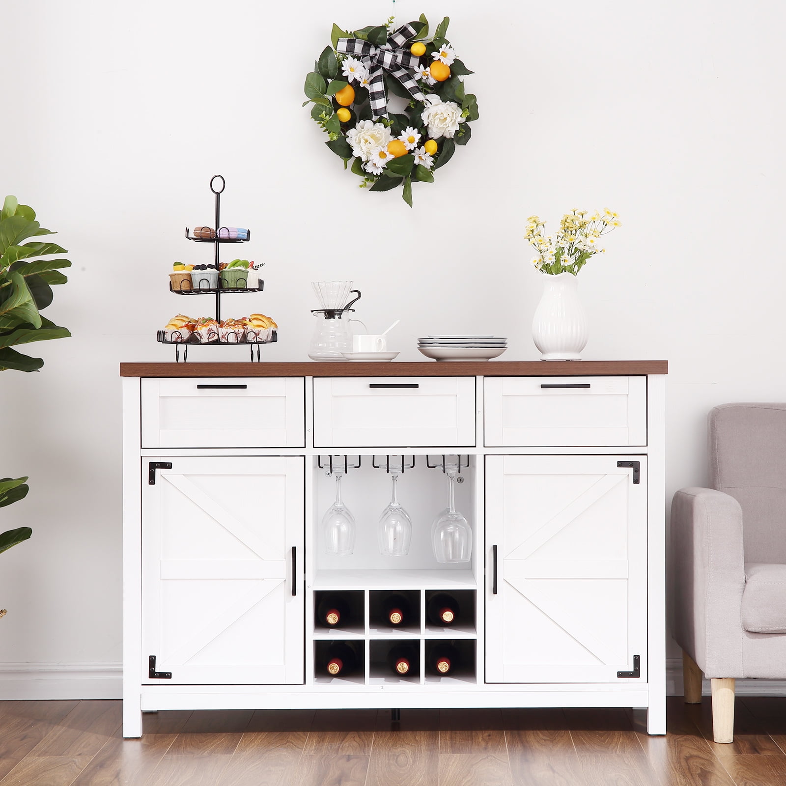 Farmhouse Buffet Cabinet, 48" Sideboard Coffee Wine Bar Cabinet with 3 ...