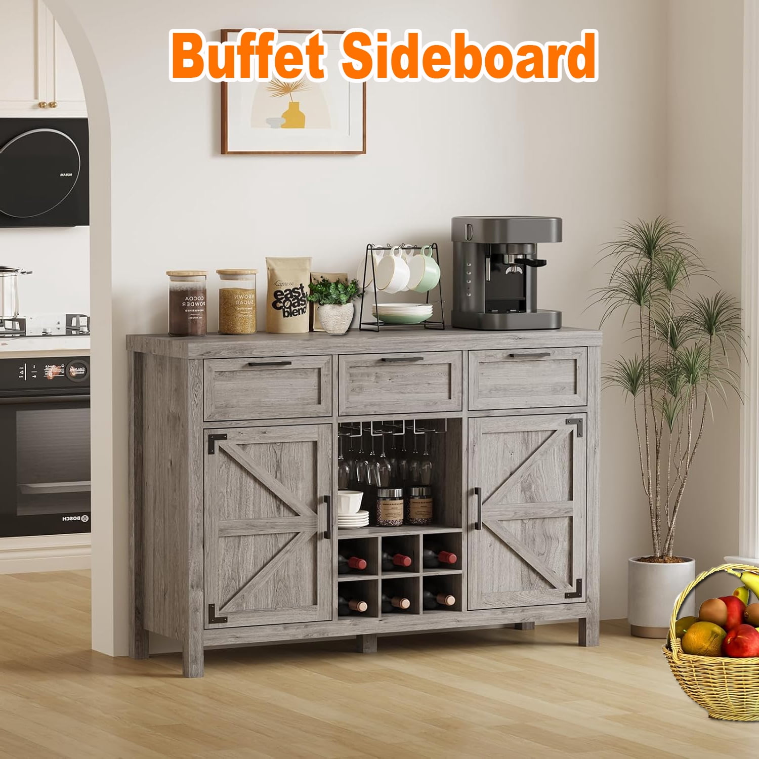 Farmhouse Buffet Cabinet, 48”Sideboard Coffee Wine Bar Cabinet w/ 3 ...