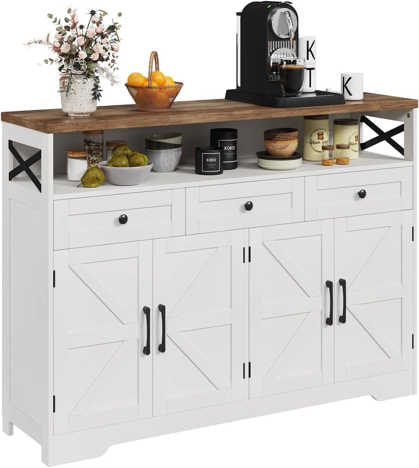 Farmhouse Buffet Cabinet with Drawers & Open Shelf Sideboard Storage ...