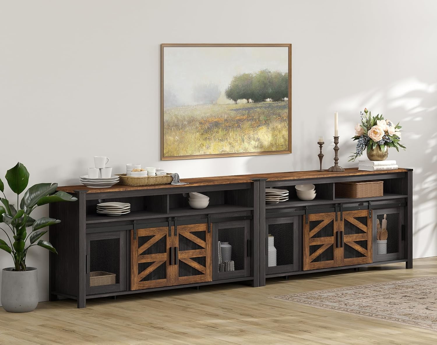 Farmhouse Buffet Cabinet Set with Sliding Barn , 118" Coffee Bar ...