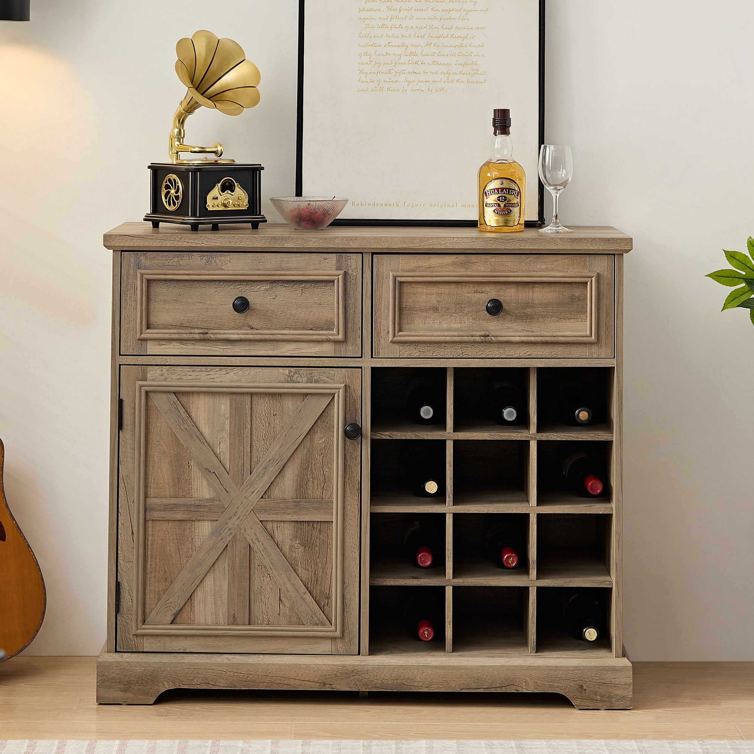 Farmhouse Buffet Cabinet with Storage Sideboard with 2 Drawers, Wine ...
