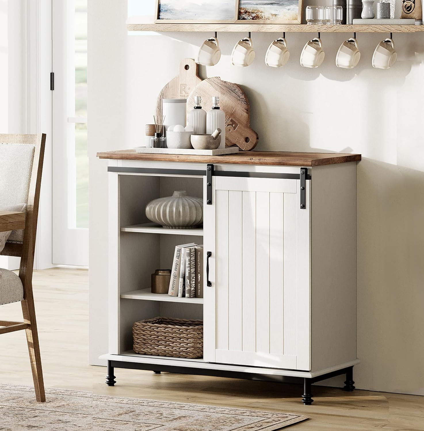 Farmhouse Buffet Sideboard Cabinet with Sliding Barn Door, Wood Coffee ...
