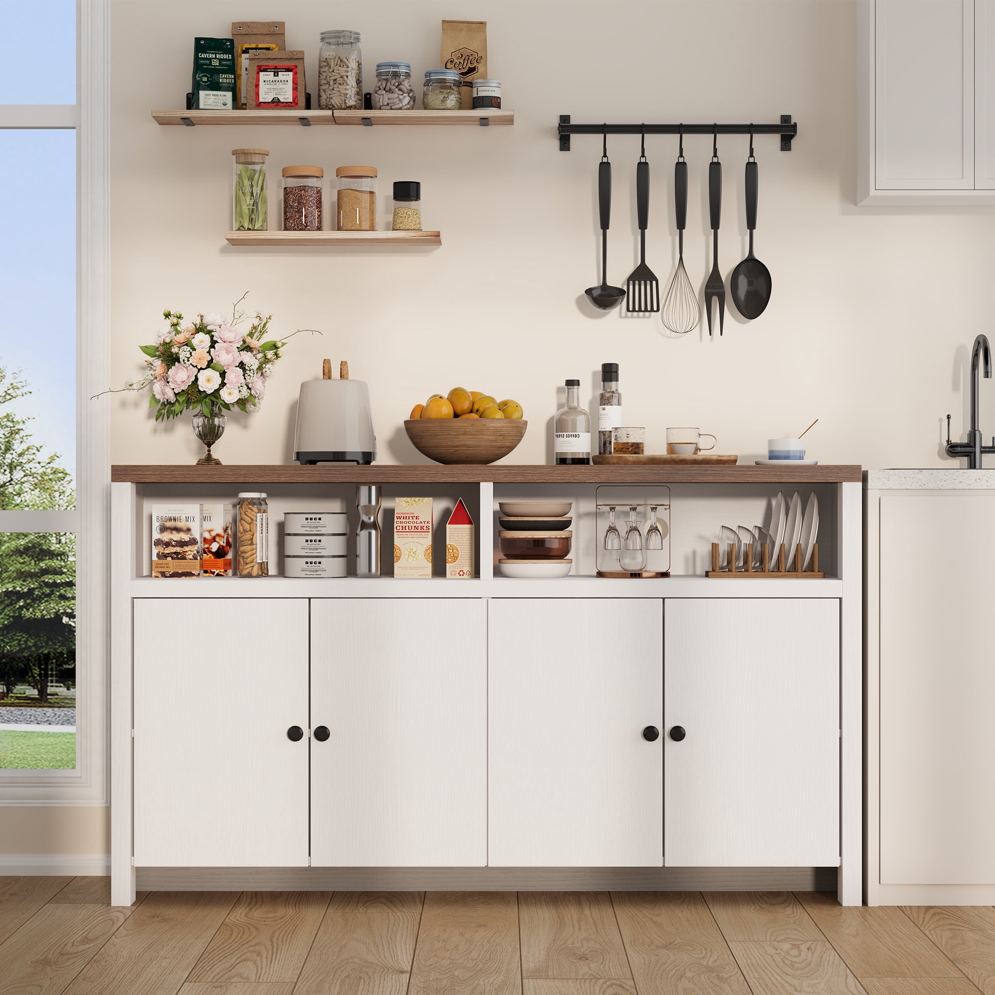 Farmhouse Buffet Sideboard Cabinet with Storage, Coffee Bar with Doors ...