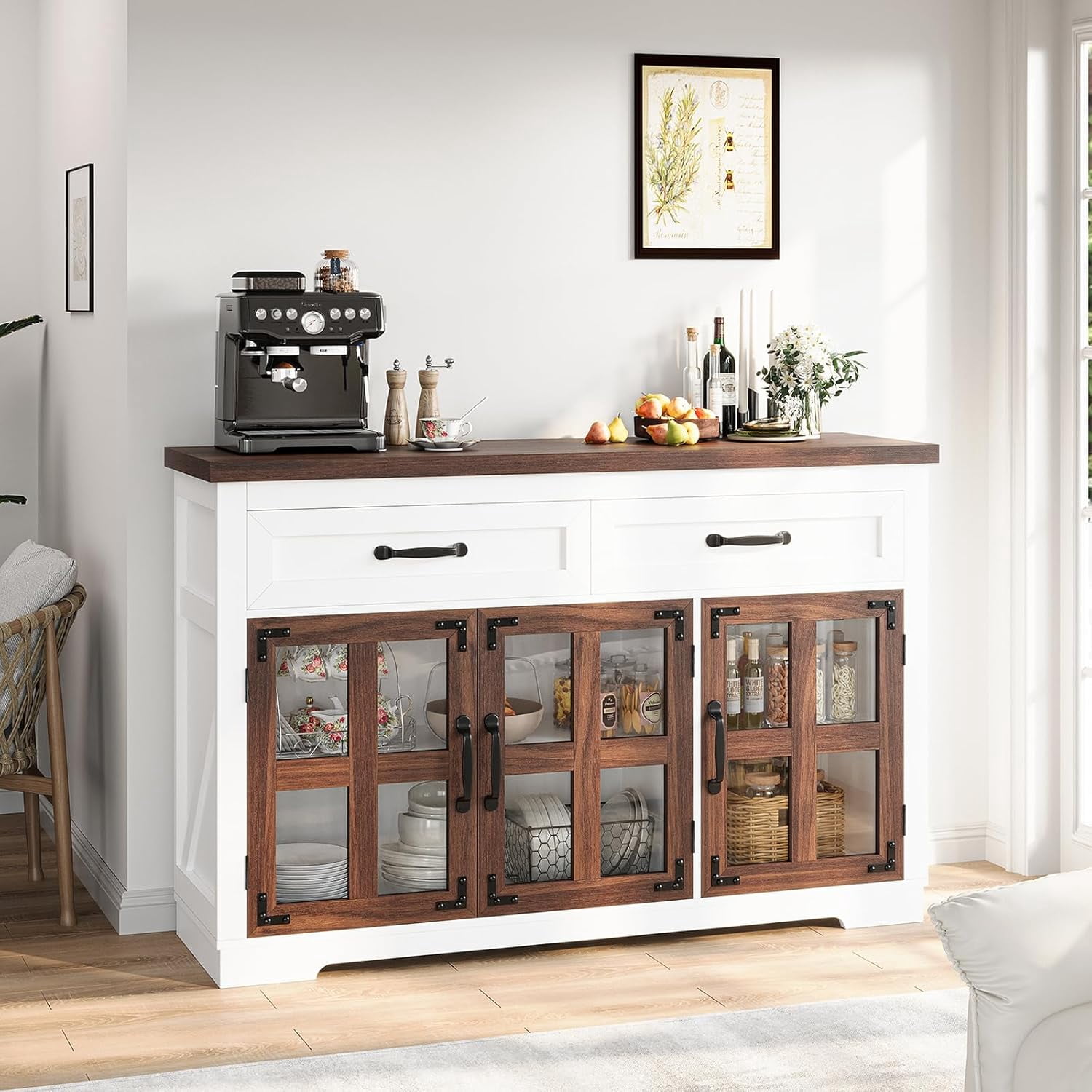 Farmhouse Buffet Storage Cabinet, Large Kitchen Cabinet with Drawers ...