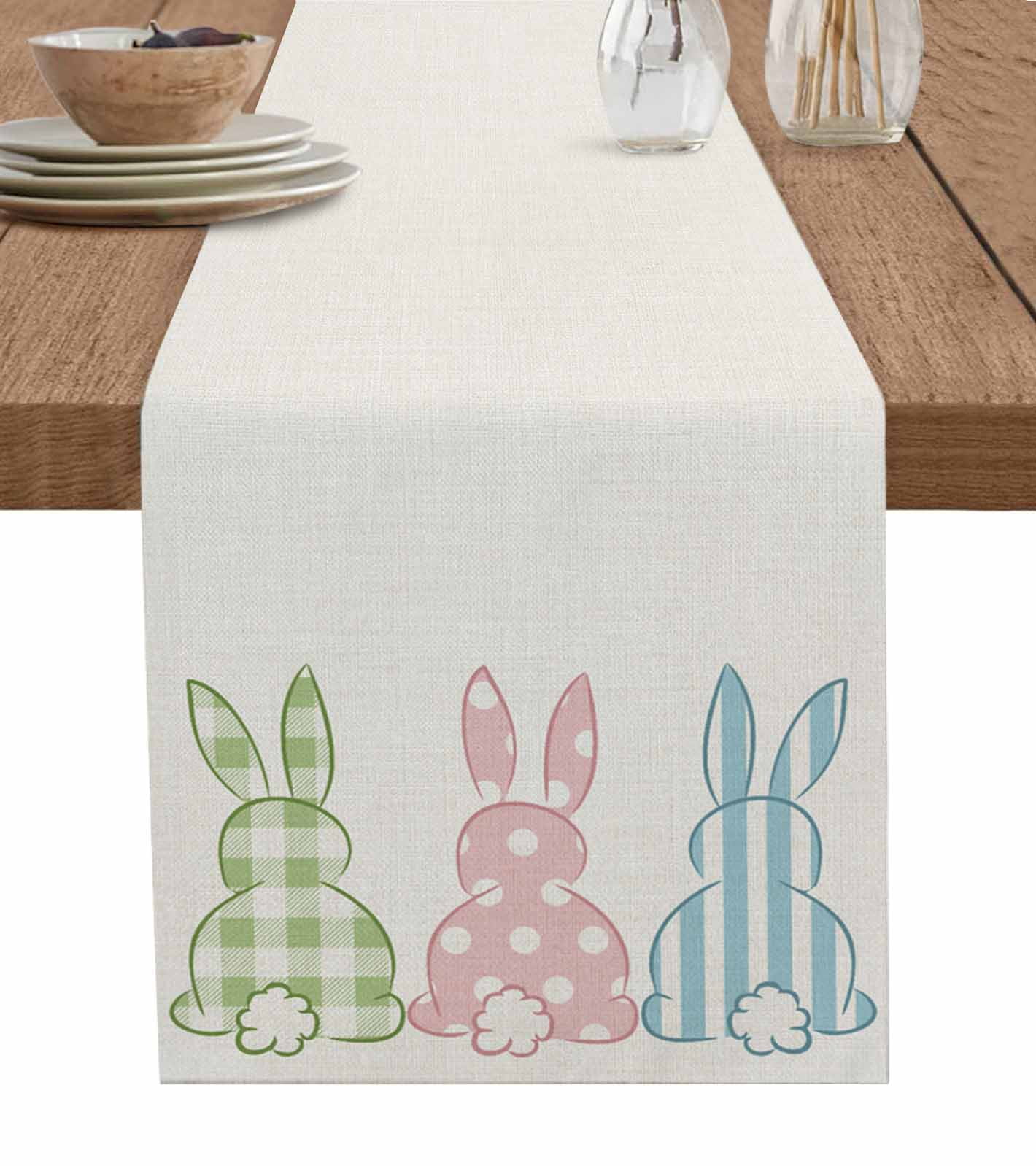 Farmhouse Bunny Table Runner 108 Inches, Polka Dot Stripes Rabbits Bed ...