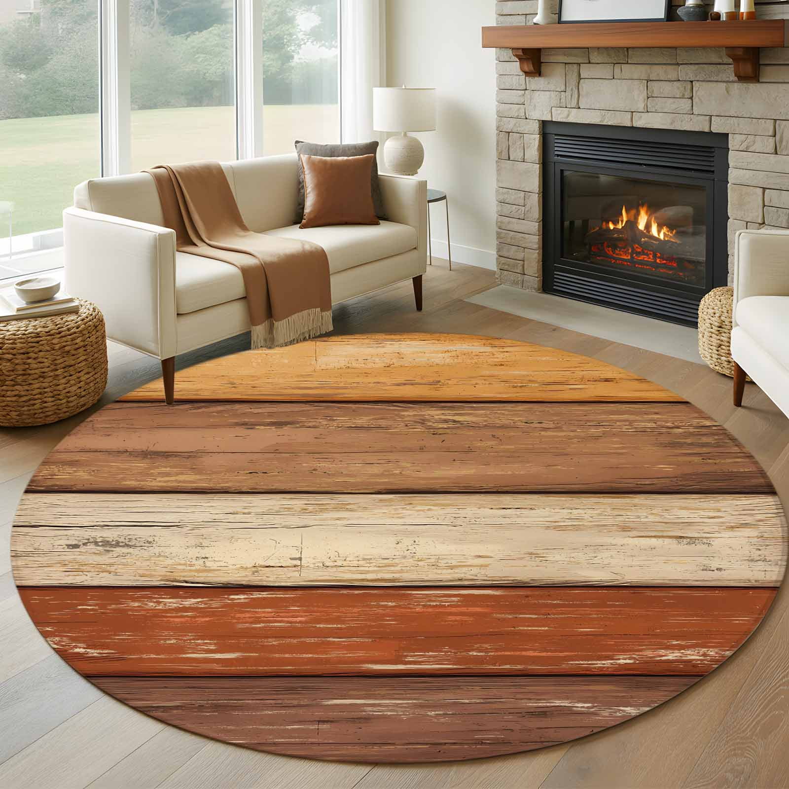 Farmhouse Burnt Orange Brown Round Rug 7ft Washable Circle Rugs Non ...