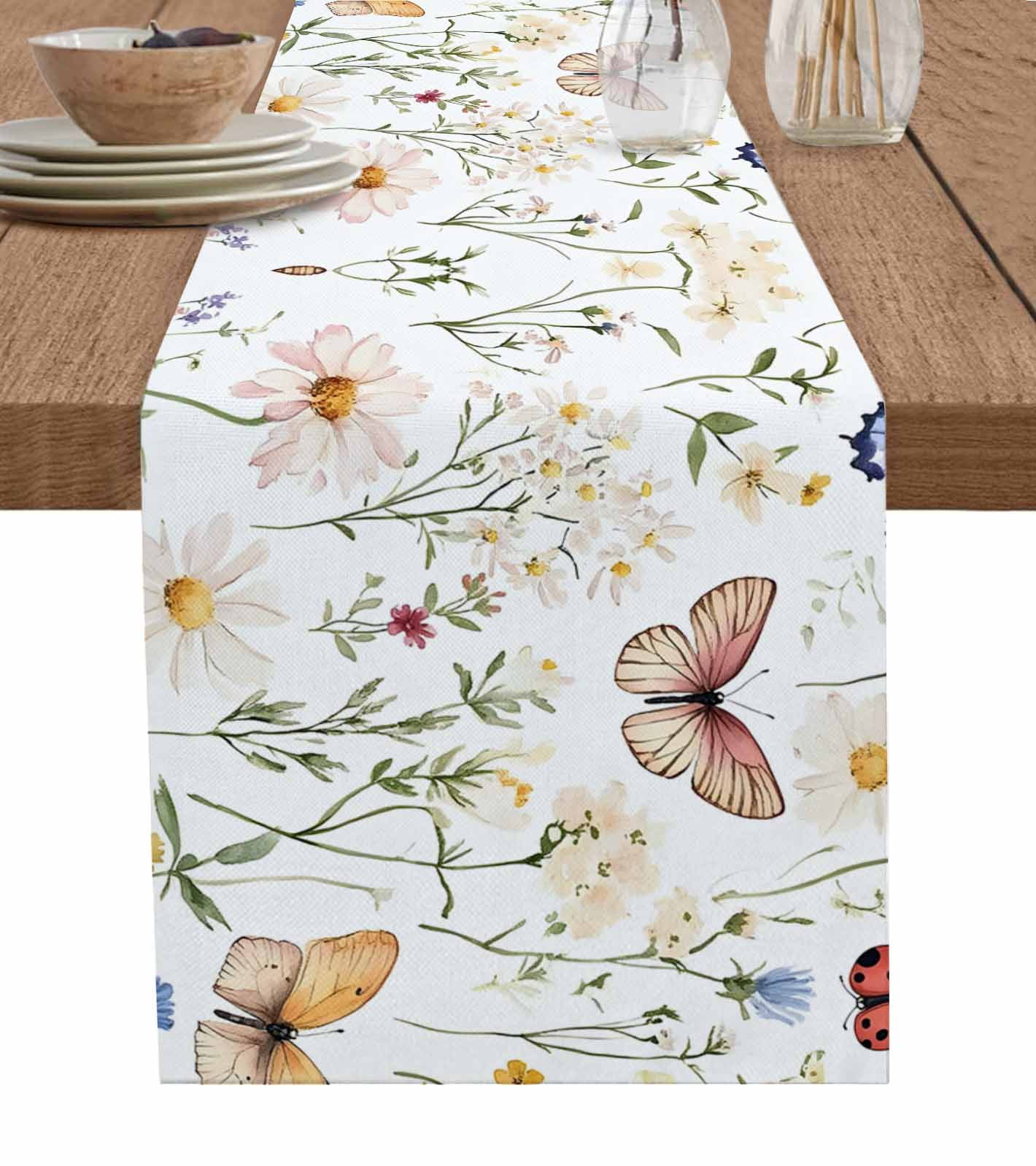 Farmhouse Butterfly Flowers Table Runner 108 Inches, Spring Botanical ...