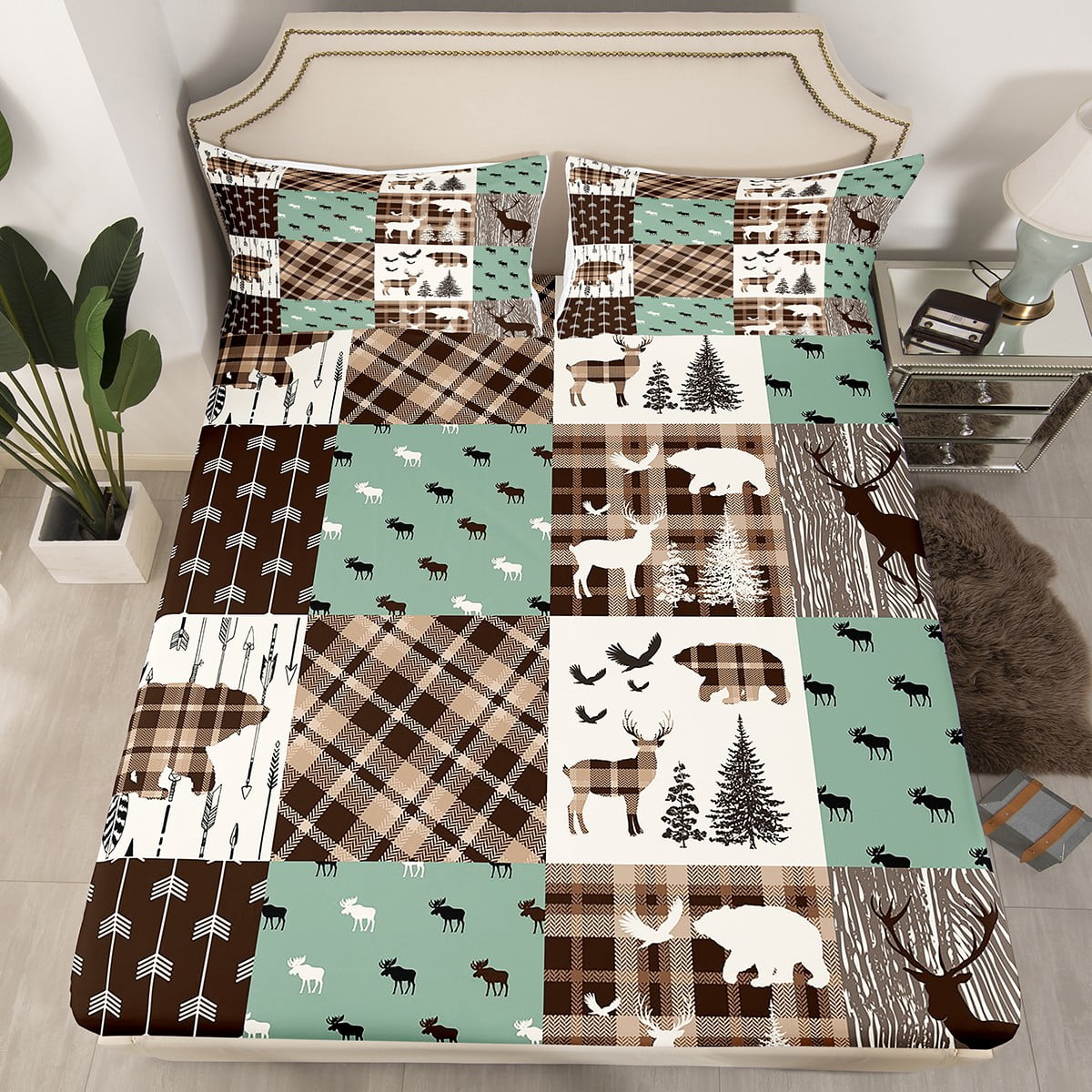 Farmhouse Cabin Bed Sheets Rustic Bear Deer Fitted Sheet Queen,Woodland ...