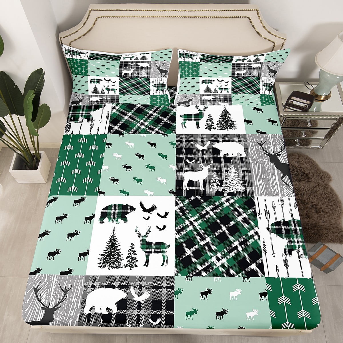 Farmhouse Cabin Bed Sheets Rustic Bear Deer Fitted Sheet Queen,Woodland ...