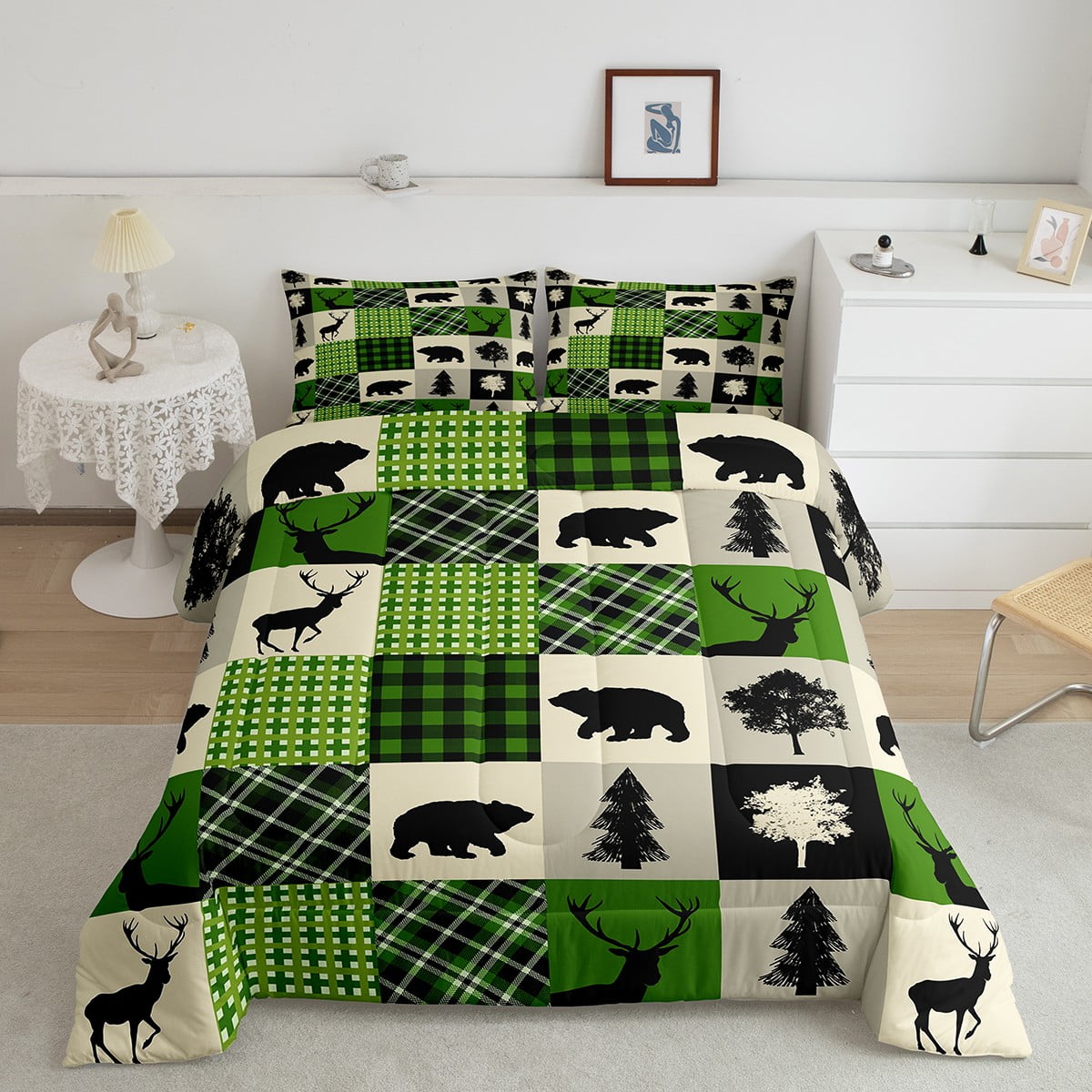 Farmhouse Cabin Bedding Set,Rustic Bear Deer Quilt Woodland Wildlife ...